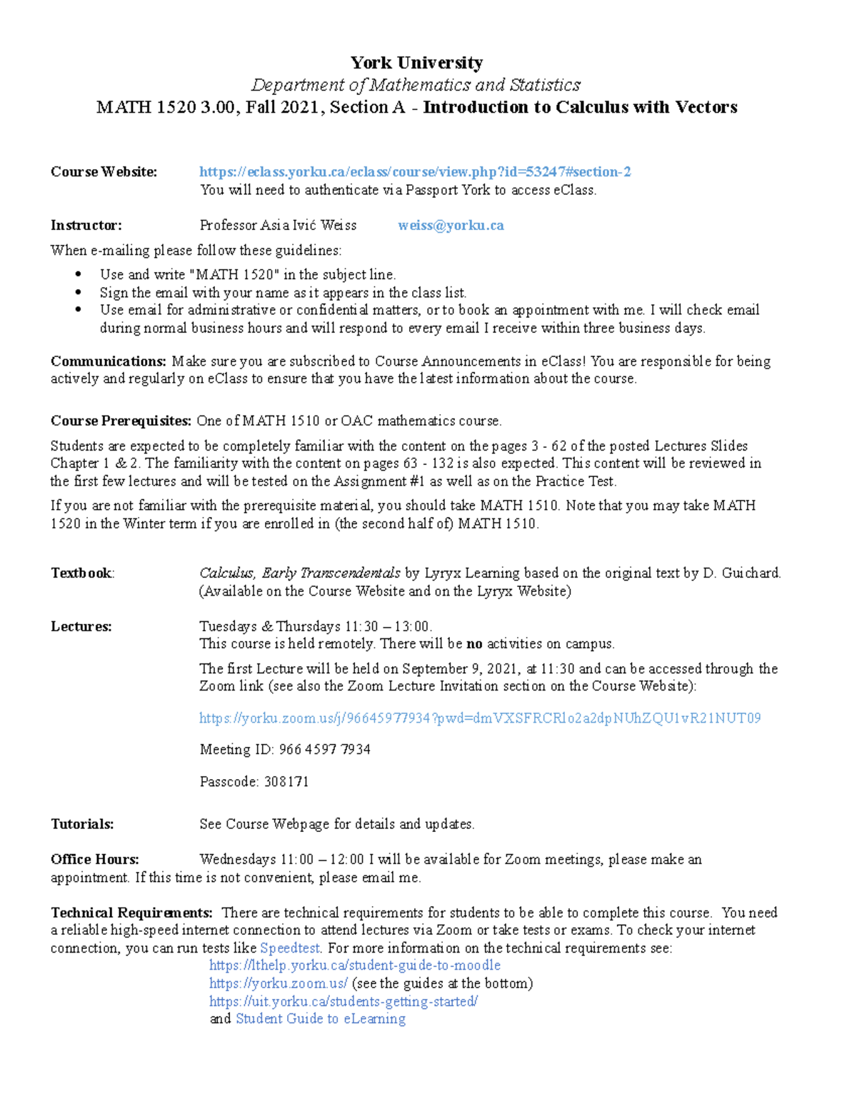 Course Outline MATH 1520 Fall 2021 - 1510 - Yorku - Studocu