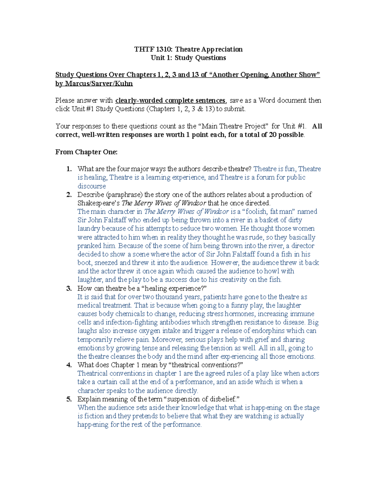 Unit1Study Questions 2020 Third Edition text - THTF 1310: Theatre ...