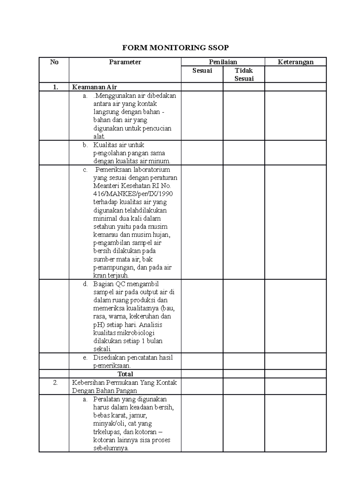 FORM Monitoring SSOP - FORM MONITORING SSOP No Parameter Penilaian ...