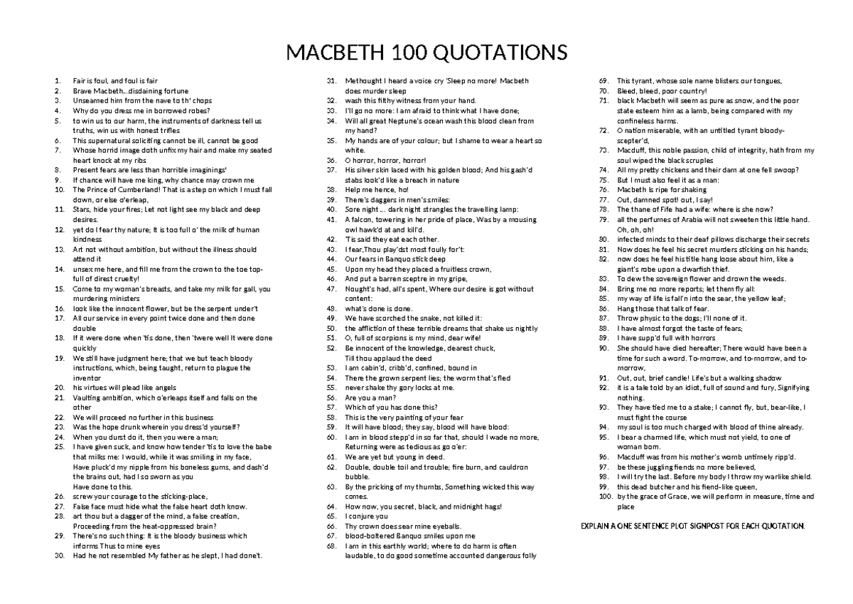 Macbeth Top 100 Quotations - MACBETH 100 QUOTATIONS 1. Fair is foul ...