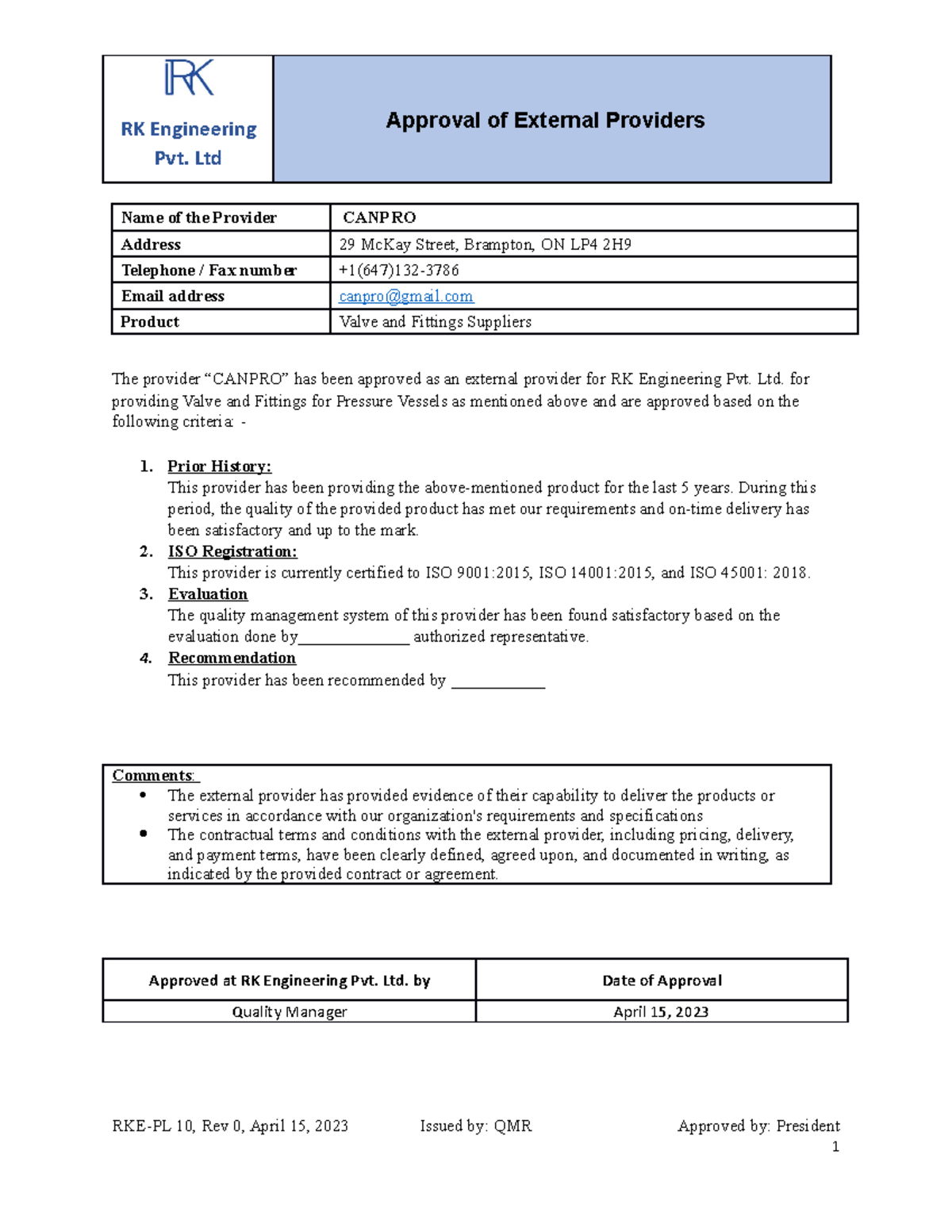 Approval of External Providers - RK Engineering Pvt. Ltd Approval of ...