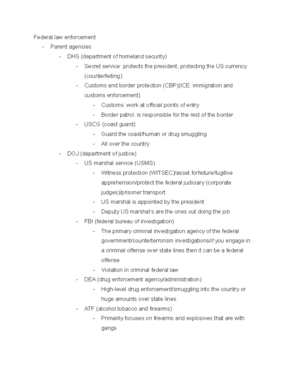 Intro to Criminal Justice Notes 3 - Federal law enforcement - Parent ...