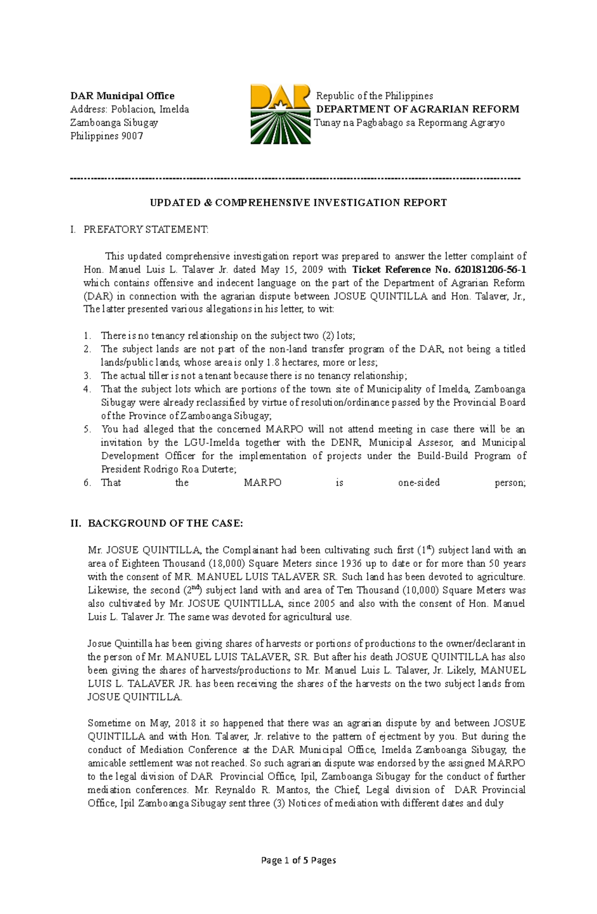 Investigation Report - dar documentary attachment - DAR Municipal ...