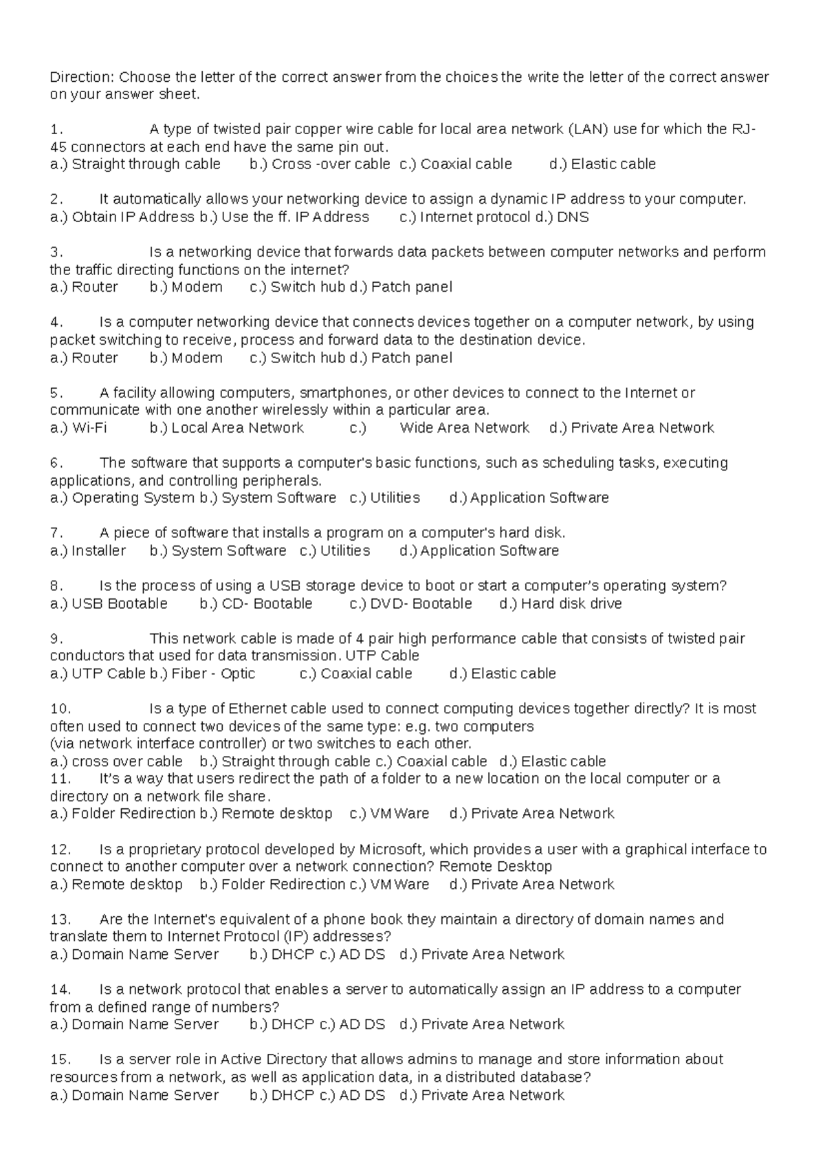 ICT CSS-3rd Quarter Exam Final B - Direction: Choose the letter of the correct answer from the ...