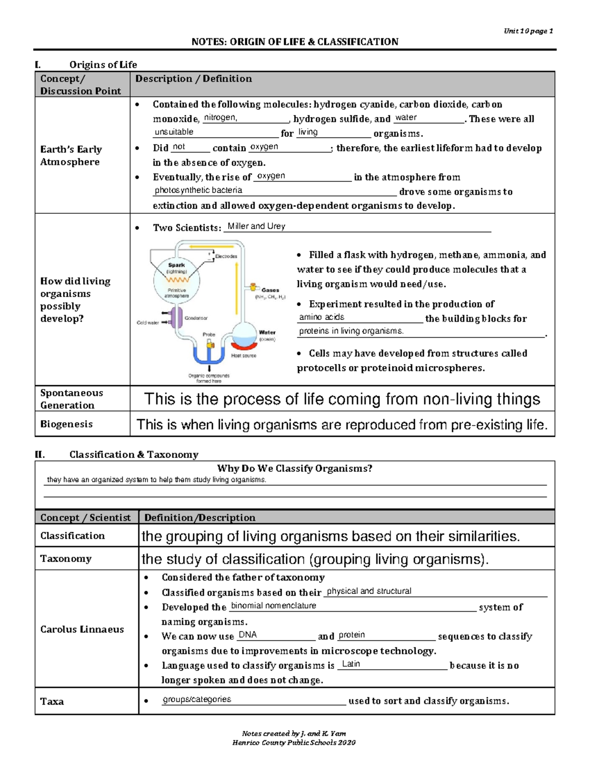 Bio Unit 10 - General Classification Notes answer sheet - ####### NOTES ...