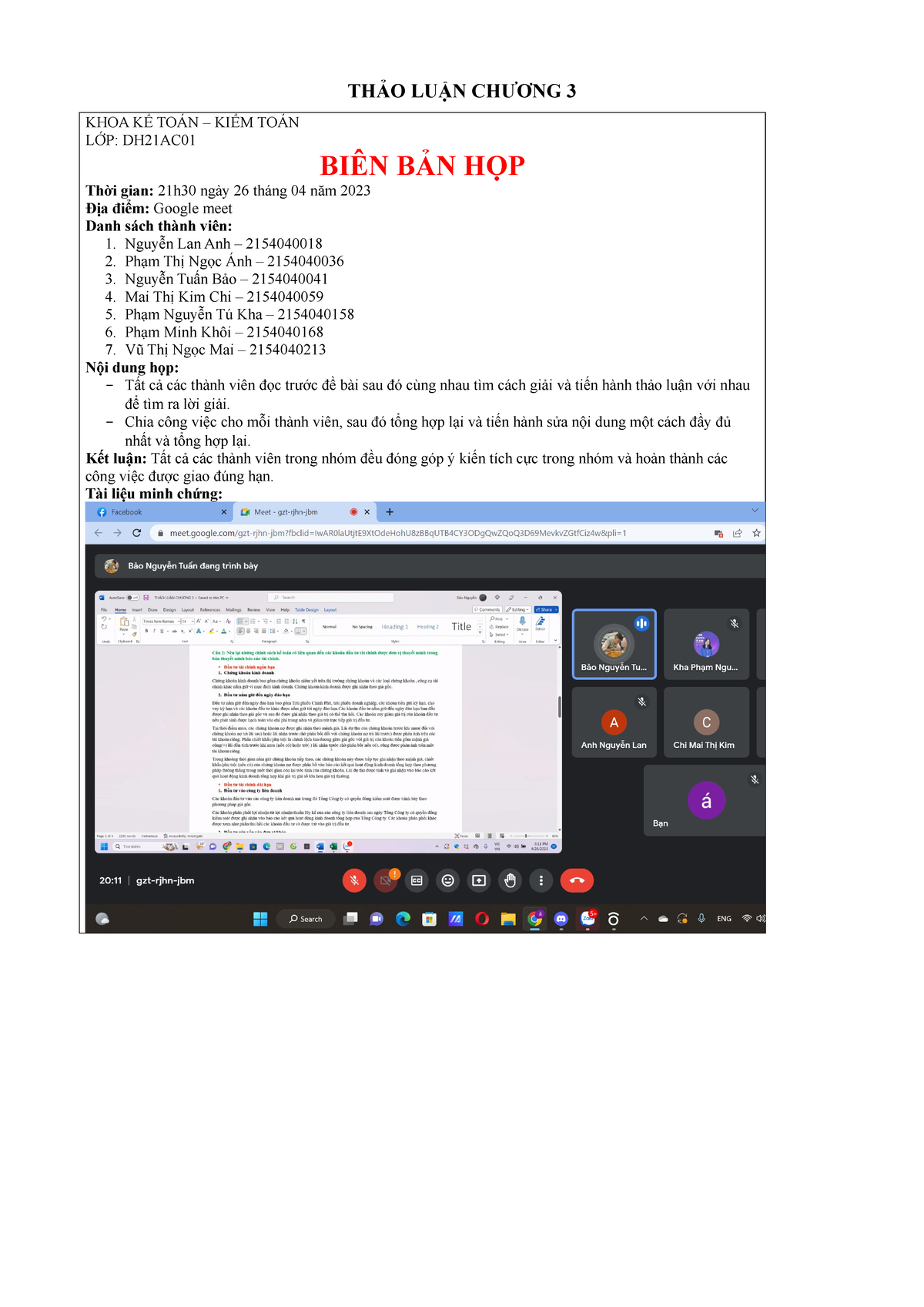 THẢO LUẬN CHƯƠNG 3 - ccccc - THẢO LUẬN CHƯƠNG 3 KHOA KẾ TOÁN – KIỂM TOÁN LỚP: DH21AC BIÊN BẢN ...