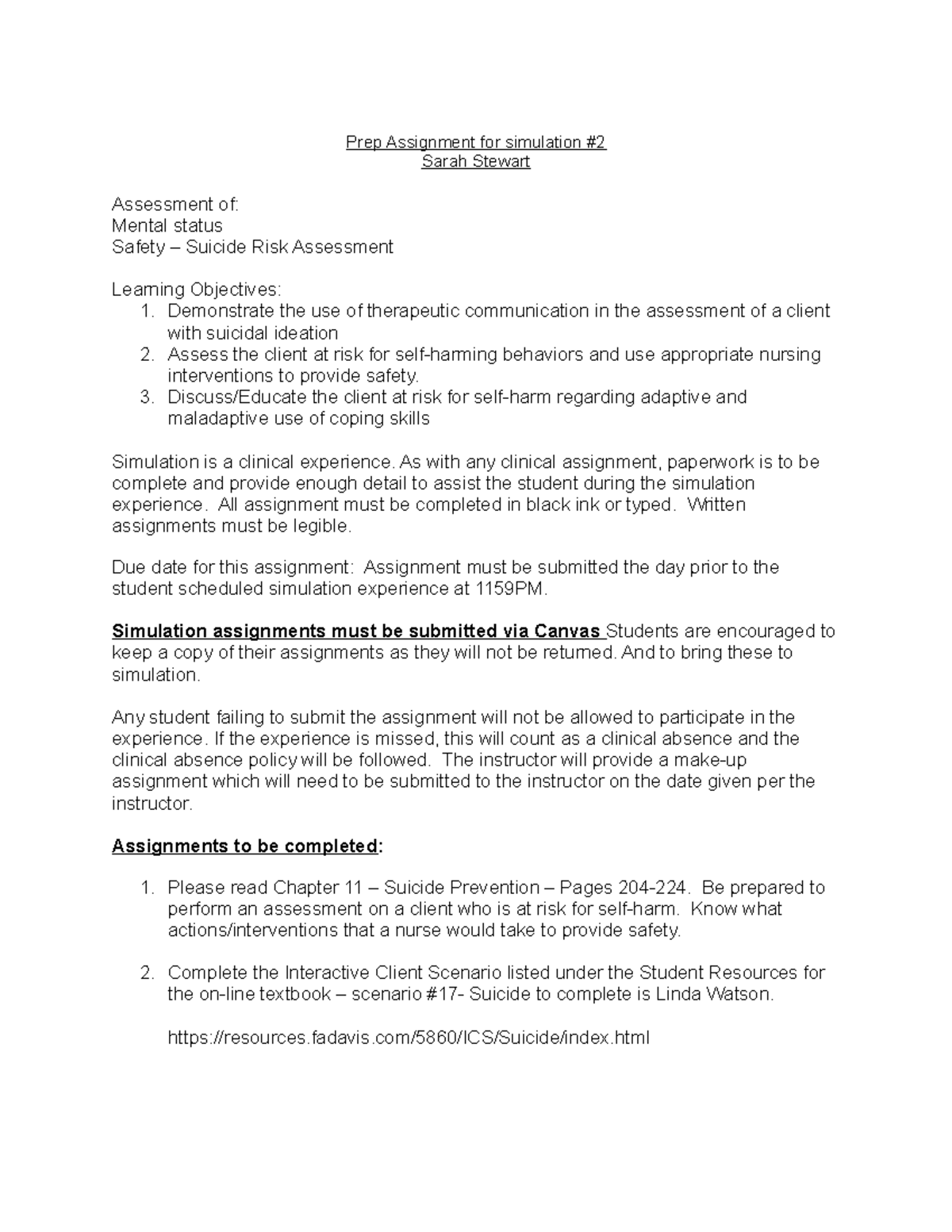 Sarah Stewart Sim - Simulation - Prep Assignment for simulation # Sarah ...