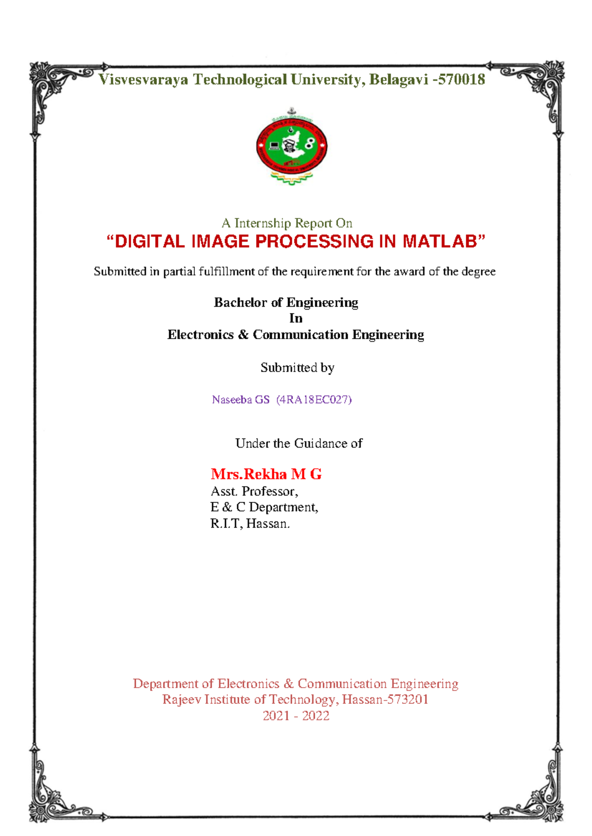 Digital image processing in matlab processing - DEPT OF ECE,RIT HASSAN ...