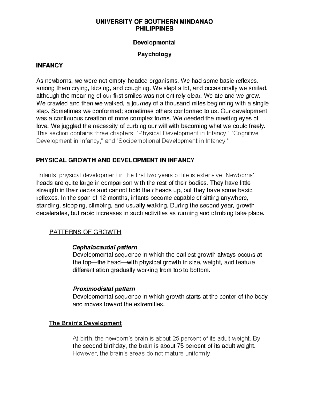 Developmental Psychology Infancy 1 - UNIVERSITY OF SOUTHERN MINDANAO ...