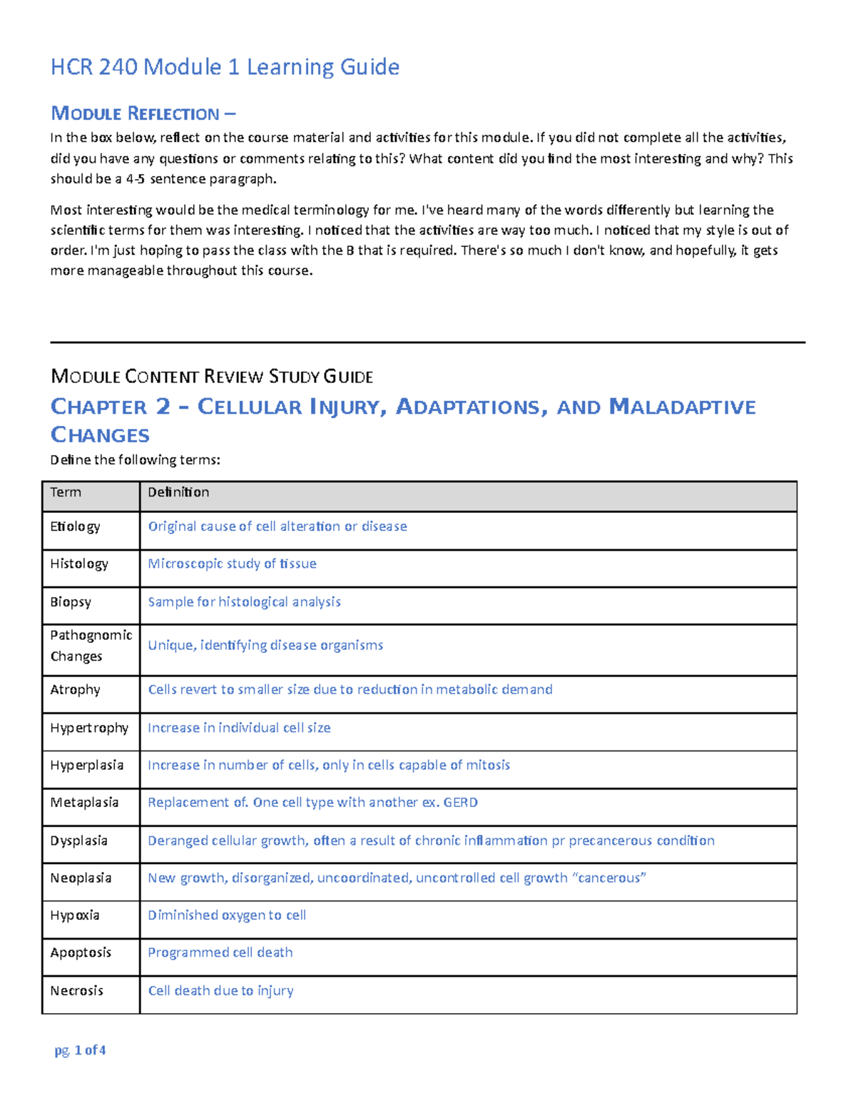 HCR 240 Module 1 Learning Guide - MODULE REFLECTION – In the box below ...