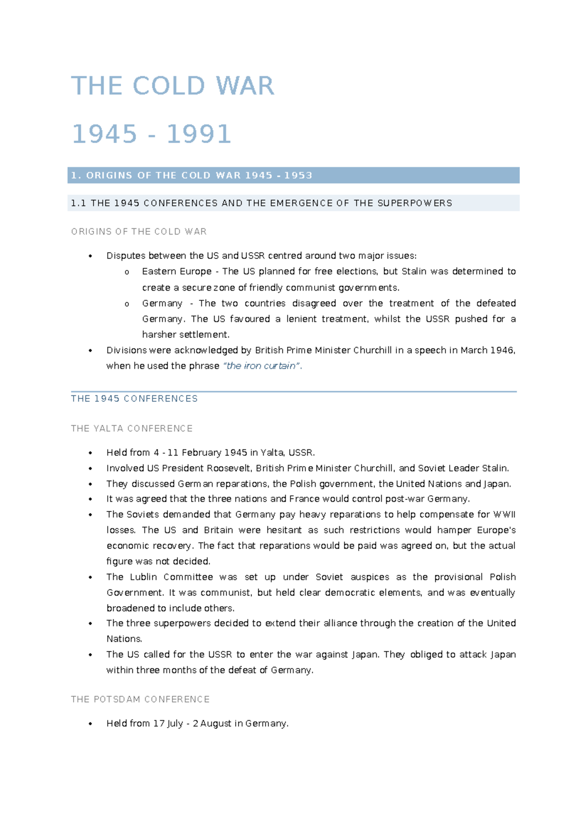 Cold-war - Helps notes paticularly on detente - THE COLD WAR 1945 ...