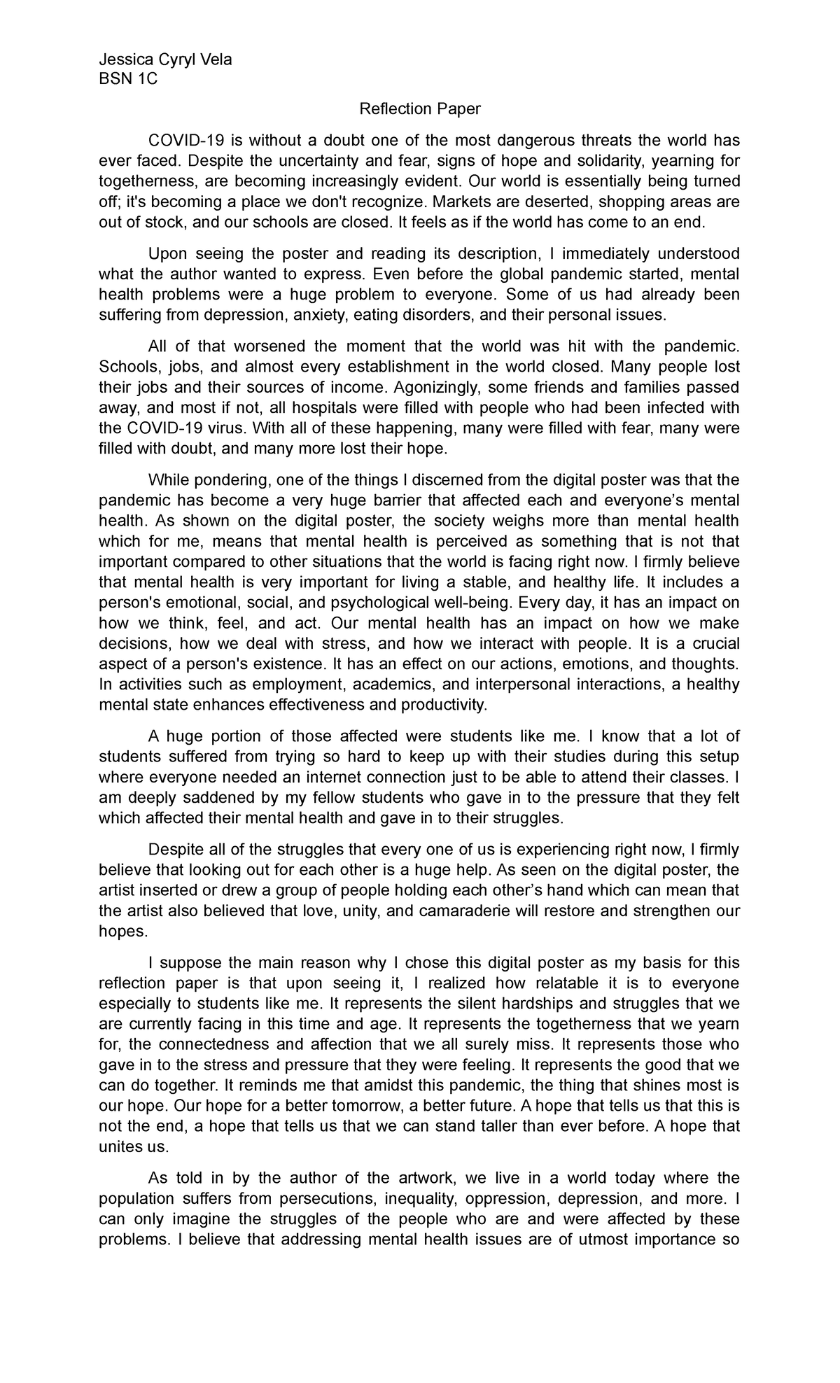 Reflection Paper - Grade: A - Jessica Cyryl Vela BSN 1C Reflection ...