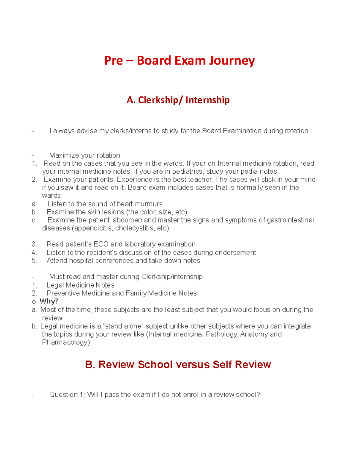 PLE Study Guide - Pre – Board Exam Journey A. Clerkship/ Internship I ...