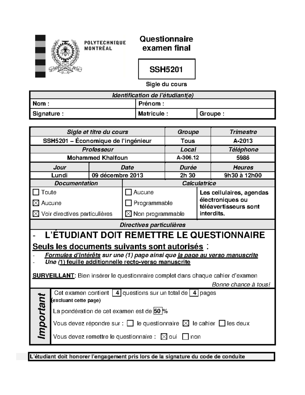 SSH5201 Final 1 A2013 QS - Questionnaire examen final SSH Sigle du ...