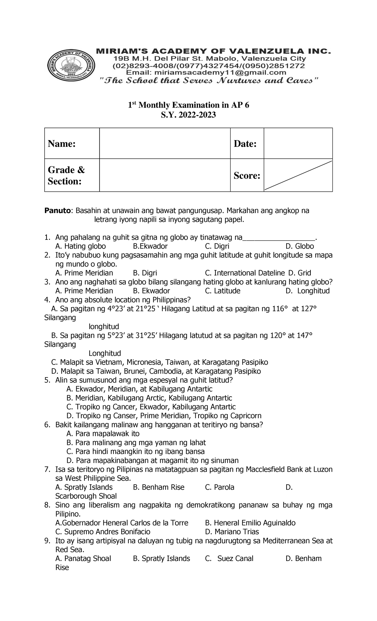 1st Monthly Examination in AP 6 (Miriam 2022-2023) - 1 st Monthly ...