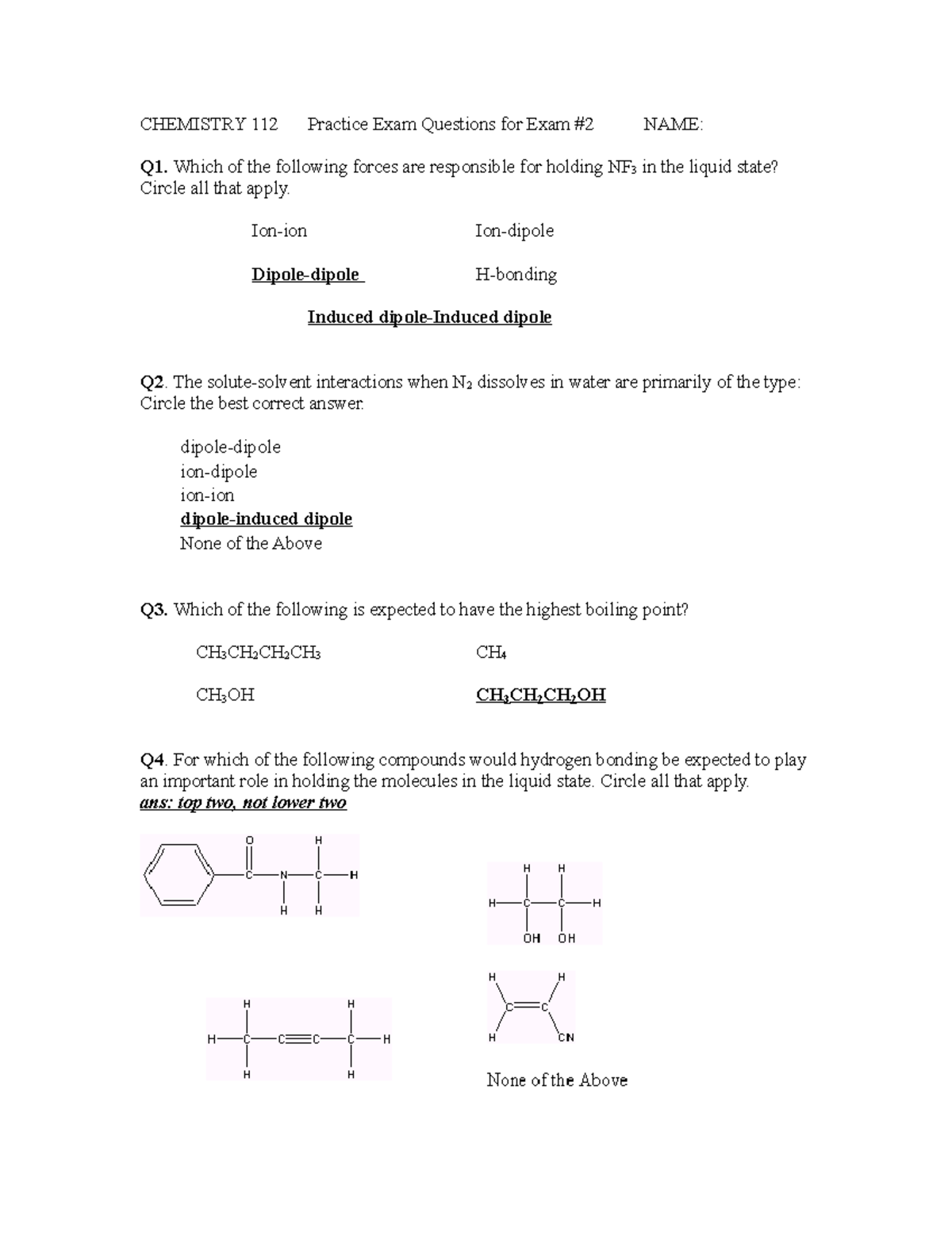 Sample/practice exam December 2011, answers - CHEMISTRY 112 Practice ...