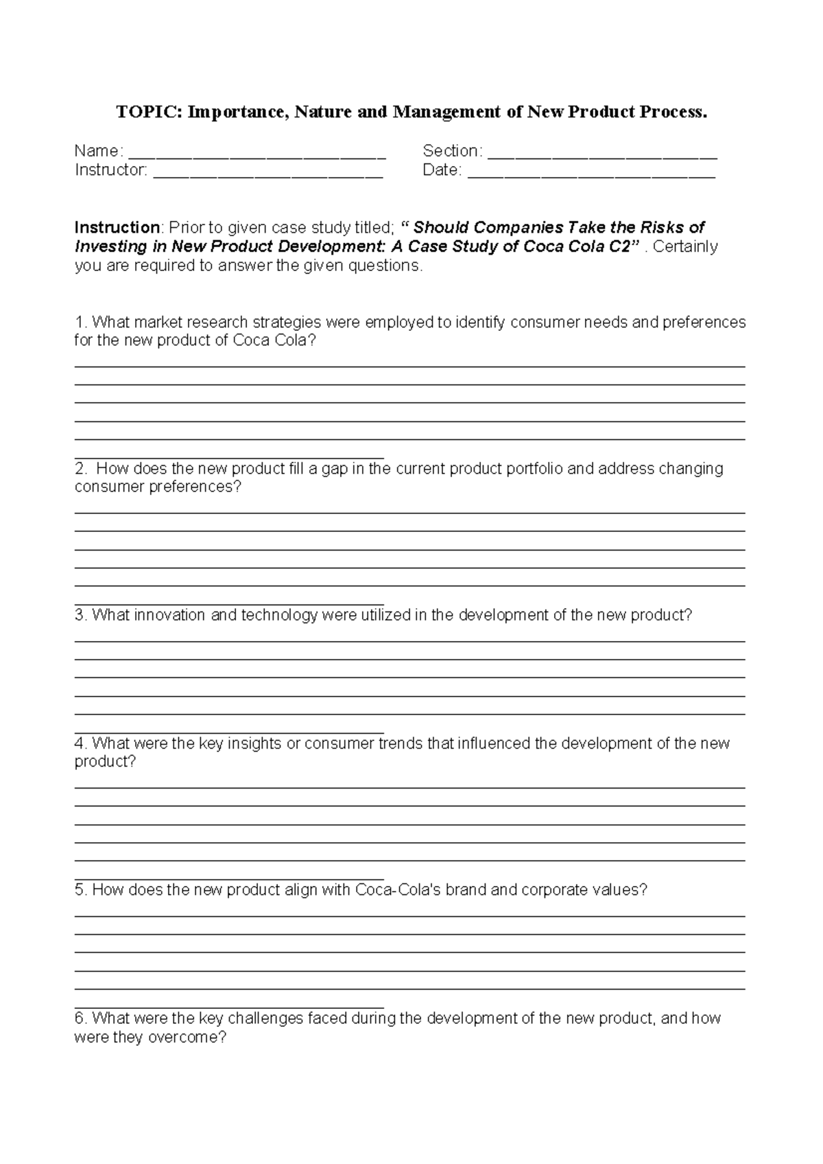 Answer Sheet NPD Process CASE Study - TOPIC: Importance, Nature and ...