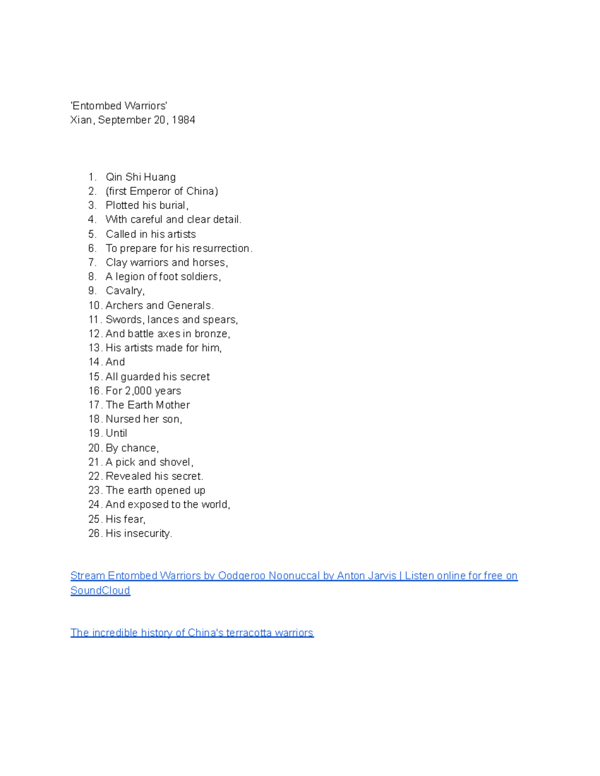 ‘Entombed Warriors’ - poem - ‘Entombed Warriors’ Xian, September 20 ...