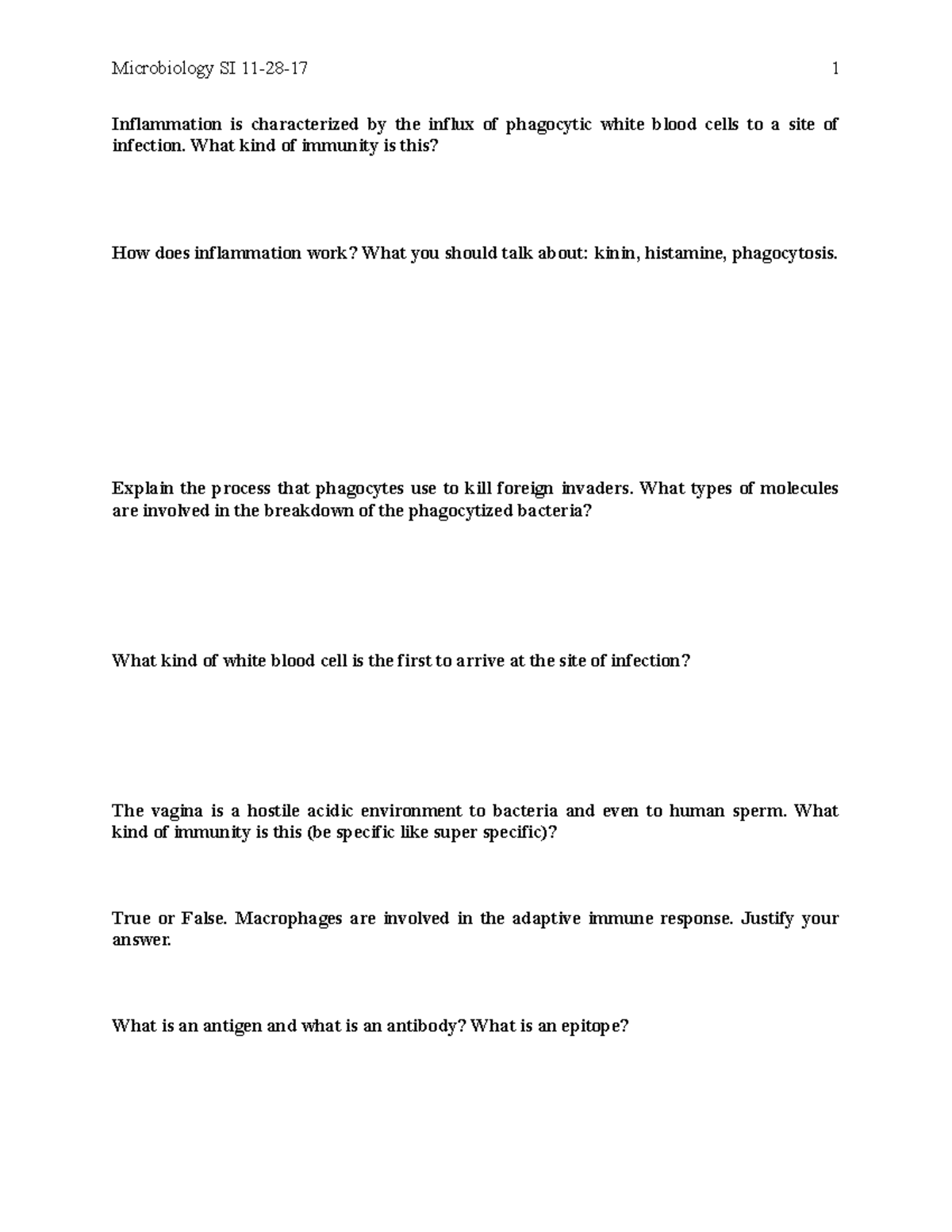 Immune System Worksheet 1 Microbiology SI 11 28 17 1 Inflammation Is Immune System Worksheet 1 Microbiology SI 11 28 17 1 Inflammation Is