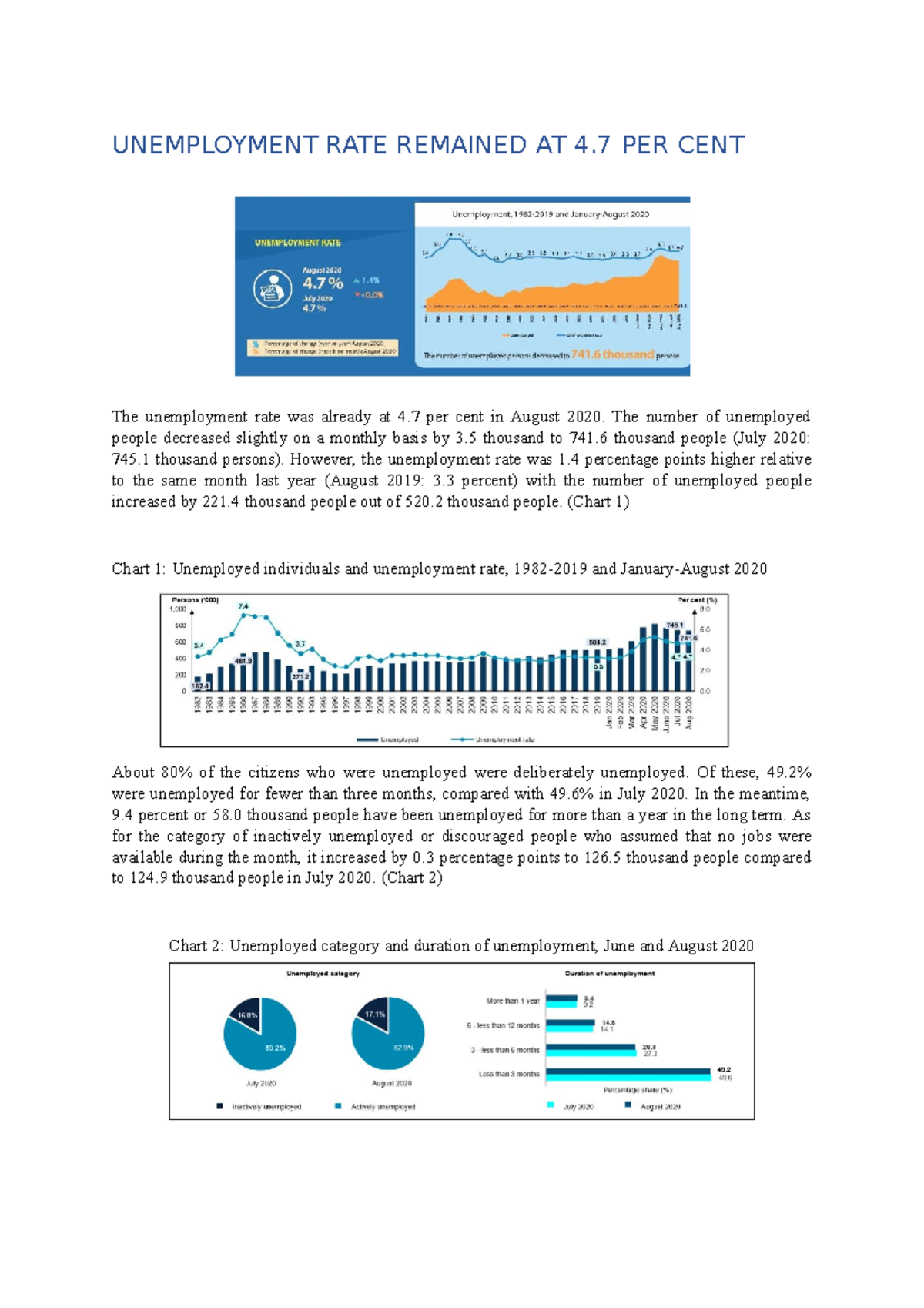 Unemployment RATE Intro - UNEMPLOYMENT RATE REMAINED AT 4 PER CENT The ...