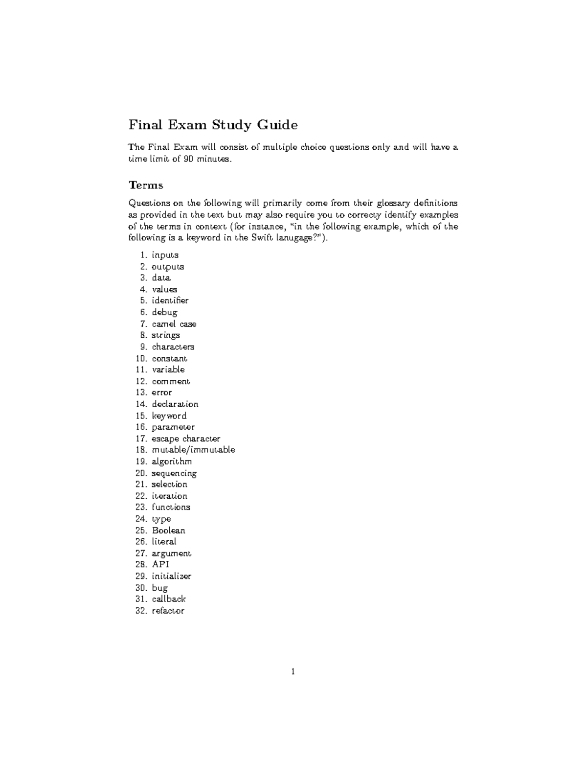 Study guide - jjrr - Final Exam Study Guide The Final Exam will consist of multiple choice ...
