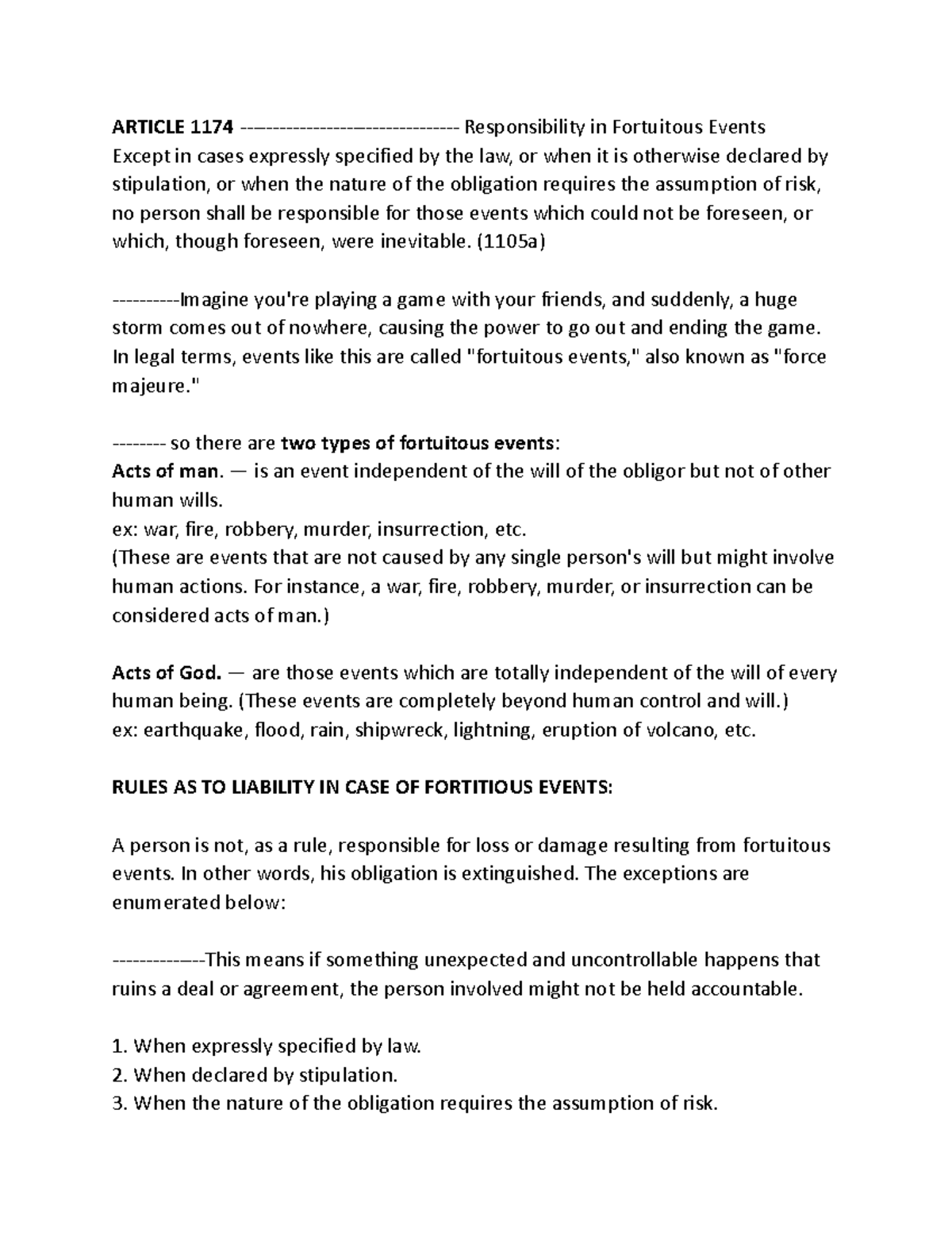 Buslaw Hilary - WHAT - ARTICLE 1174 - Responsibility in Fortuitous ...