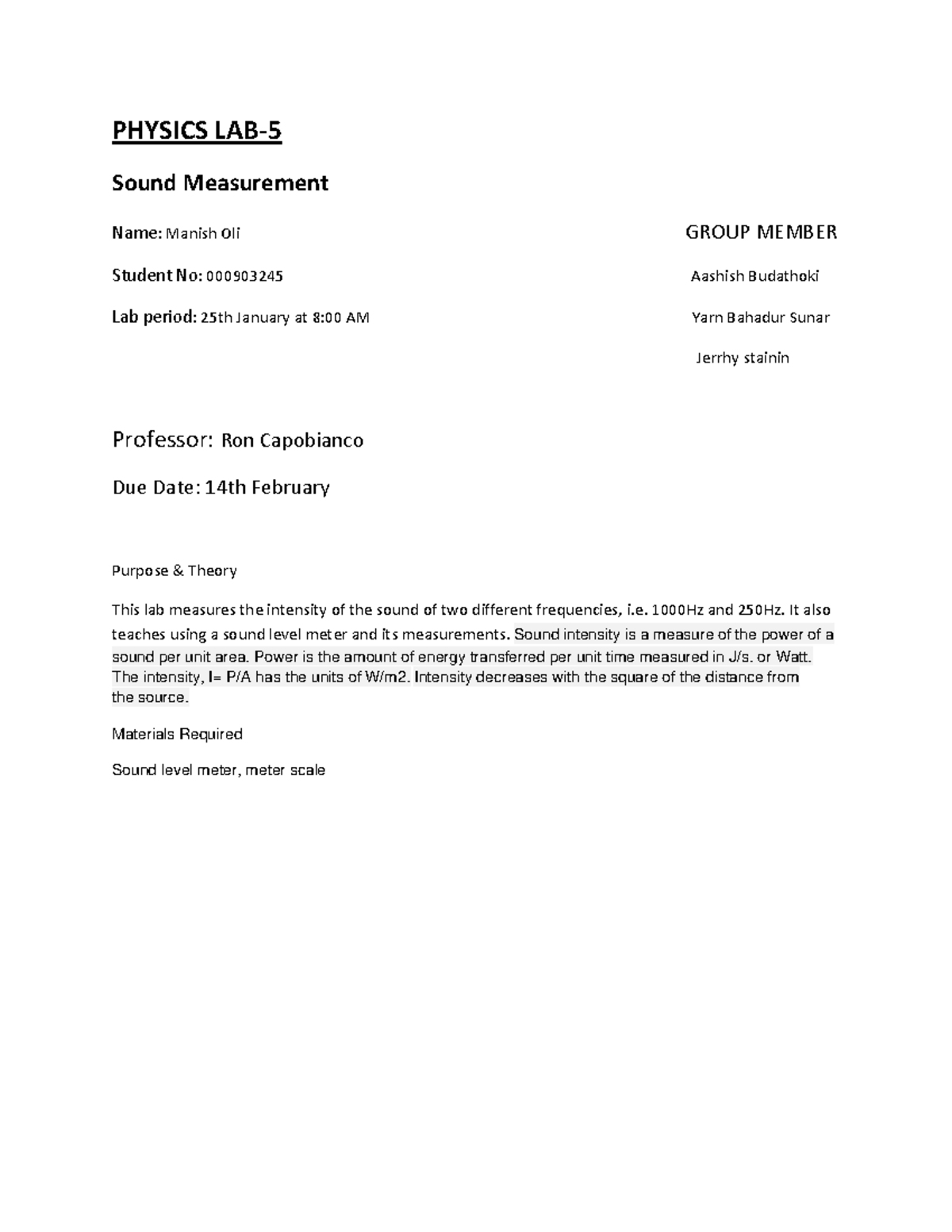 physics lab report of Sound - PHYSICS LAB- Sound Measurement Name ...