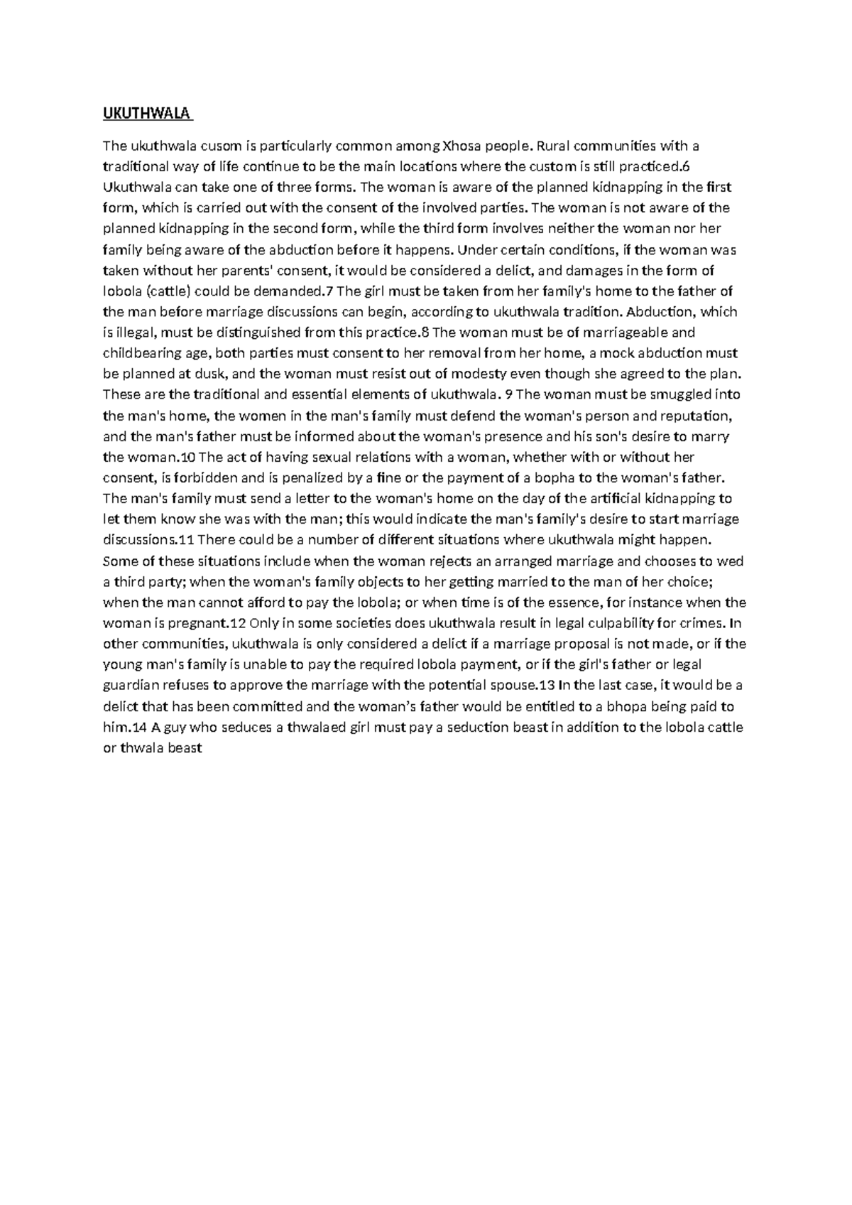 INDI6111 Ukuthwala - Summary Indigenous law - UKUTHWALA The ukuthwala ...