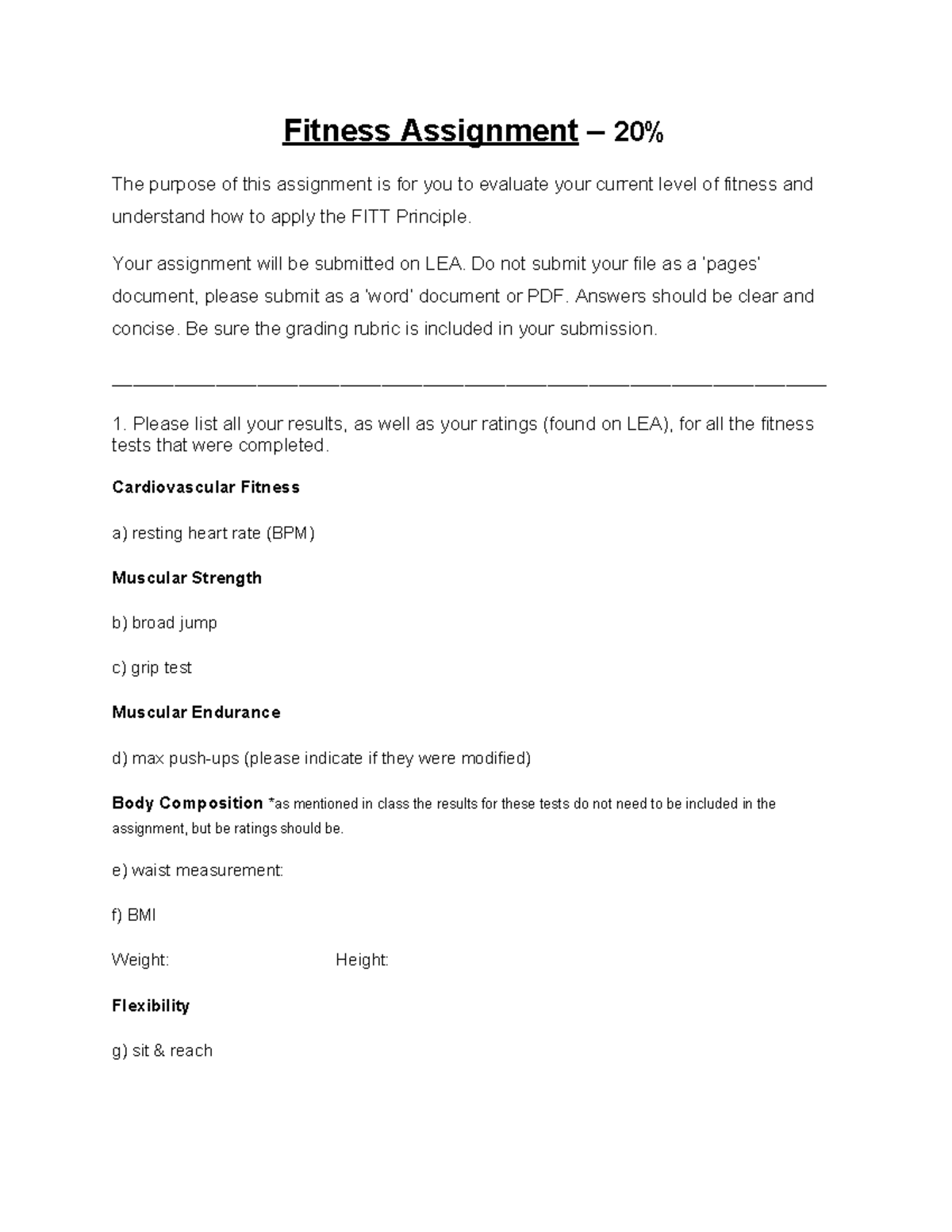Fitness Assignment - Your assignment will be submitted on LEA. Do not ...