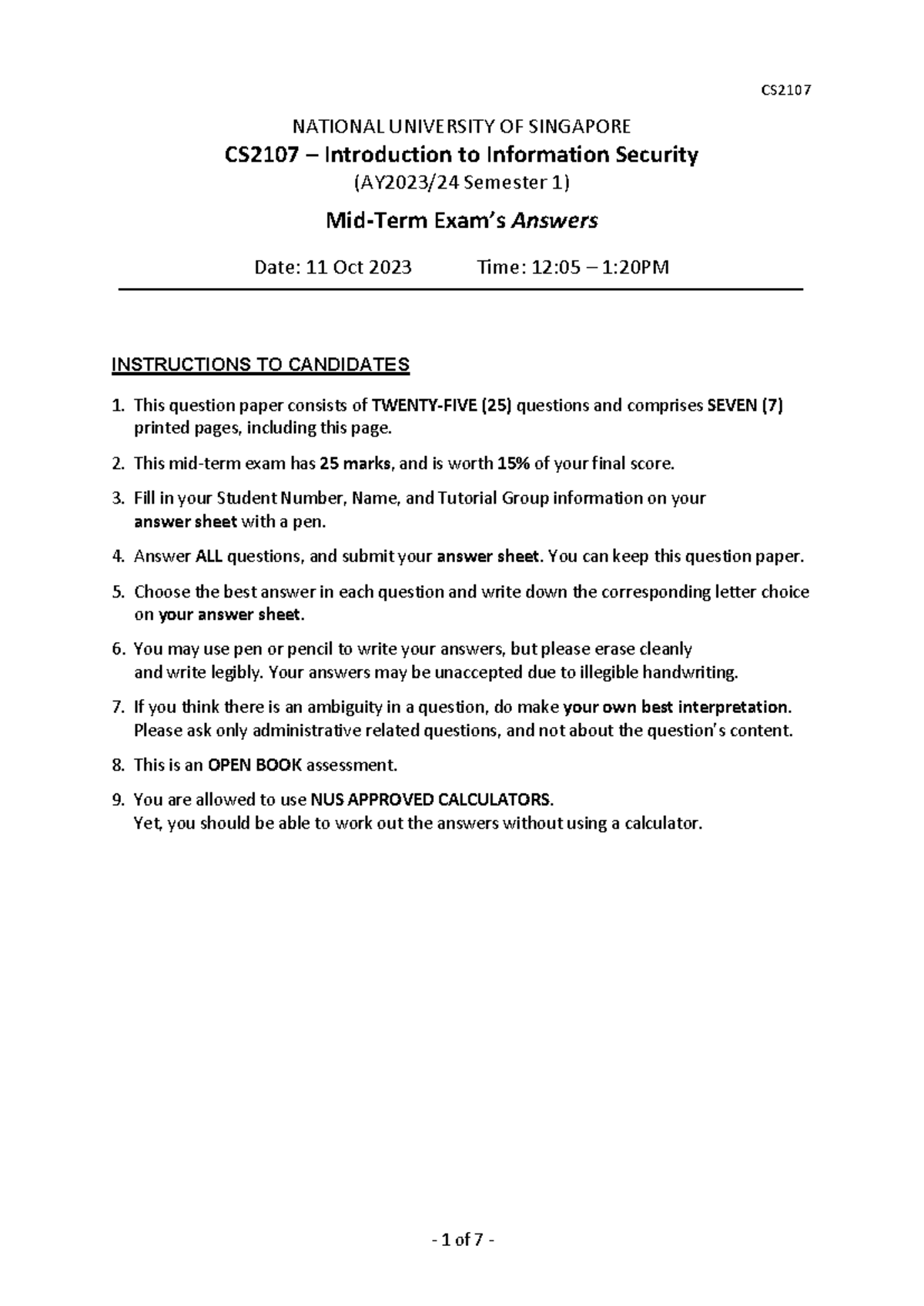 CS2107 Mid Term 2023 (with answers) - NATIONAL UNIVERSITY OF SINGAPORE CS2107 – Introduction to ...