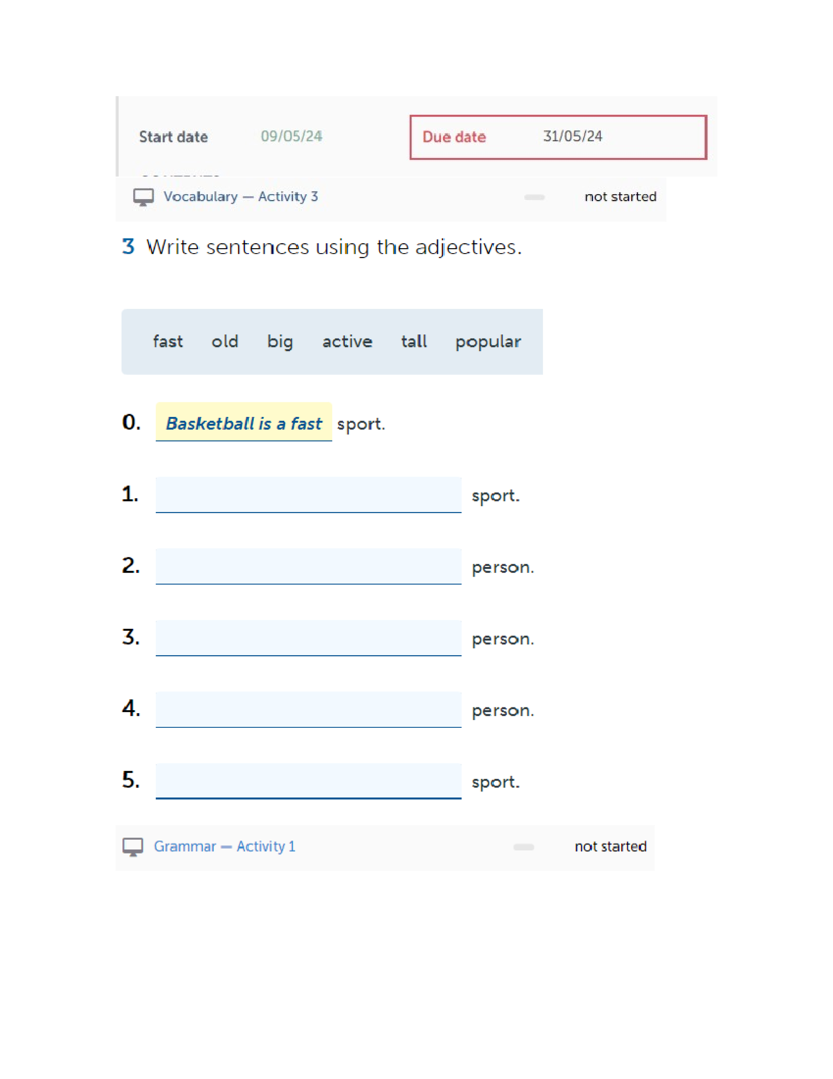 Ingles - Start date Due date Vocabulary Activity 3 not started 3 Write ...