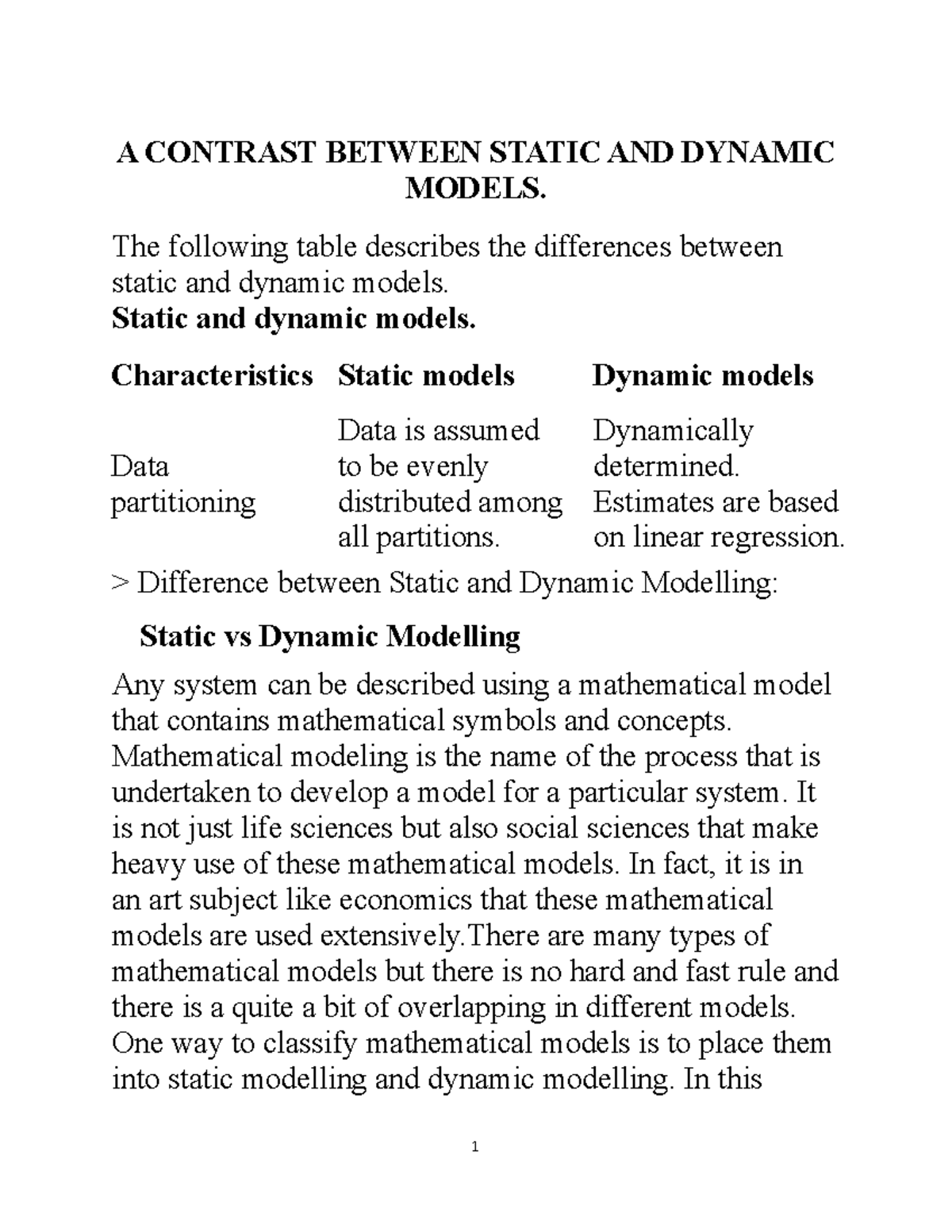 Contrast Between Static And Dynamic Models A Contrast Between Static And Dynamic Models The