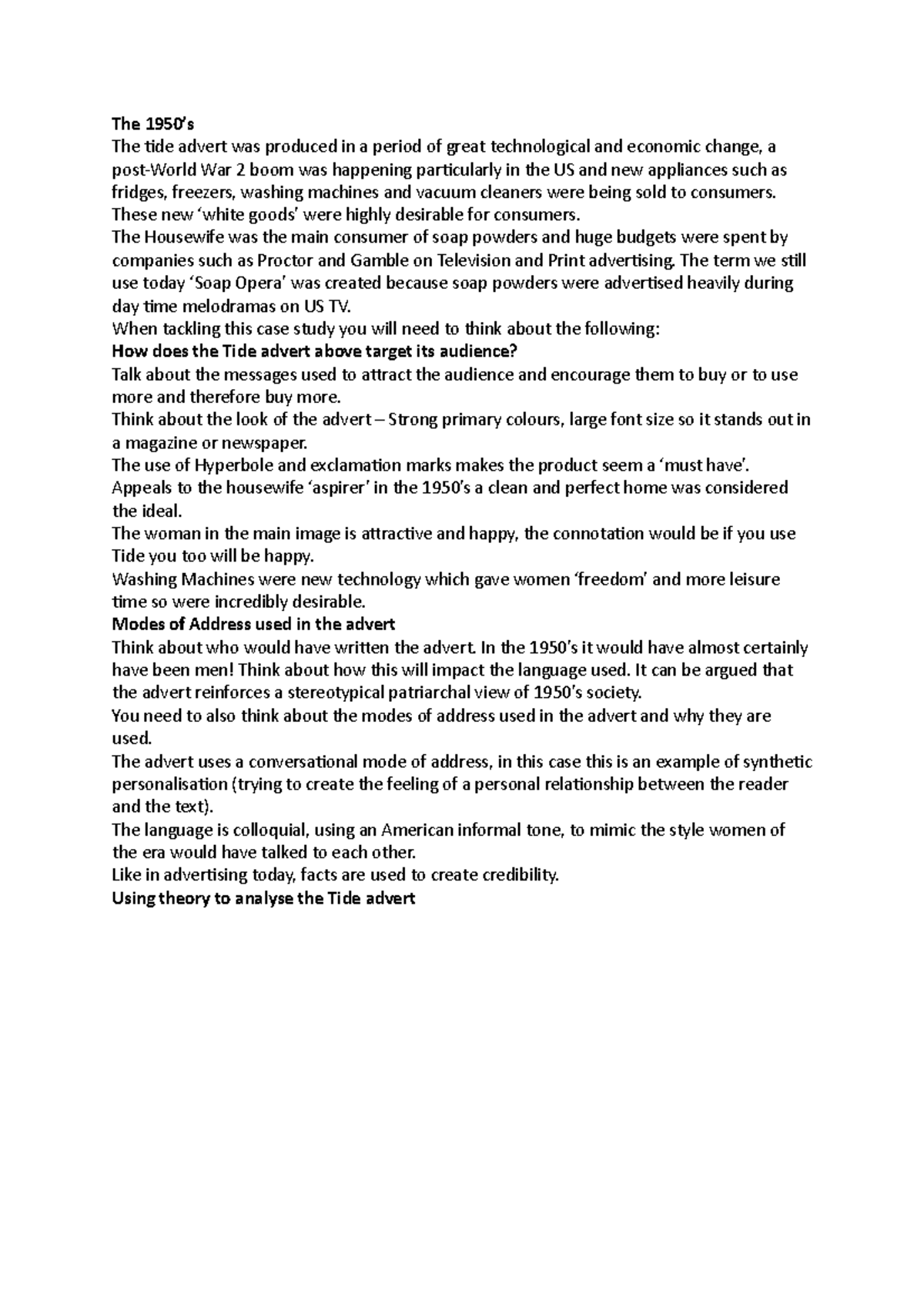 The 1950 media studies - The 1950’s The tide advert was produced in a ...