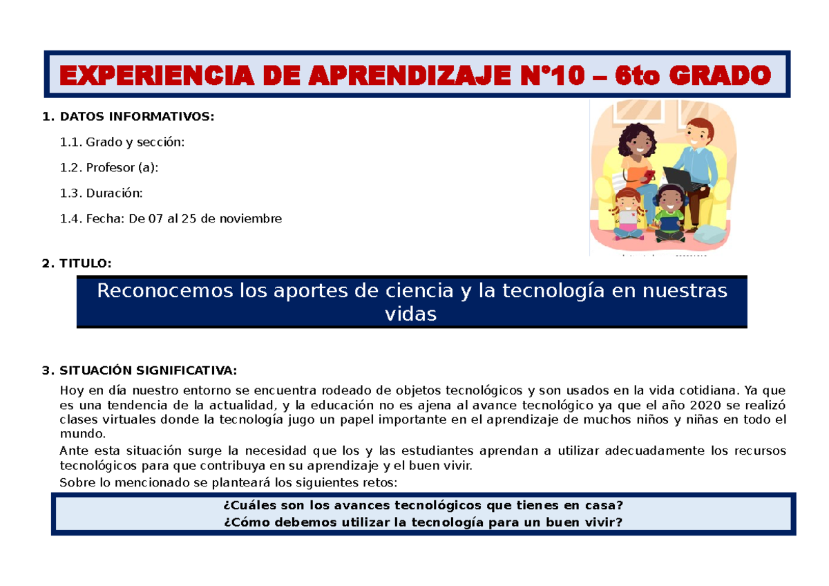 6° Grado - Experiencia DE Aprendizaje N°10 - EXPERIENCIA DE APRENDIZAJE N°1 0 – 6 to GRADO 1 ...