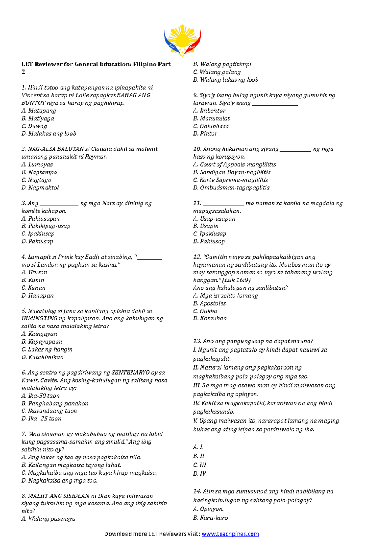 Filipino PART 2 - as a study or practice material for active learners ...