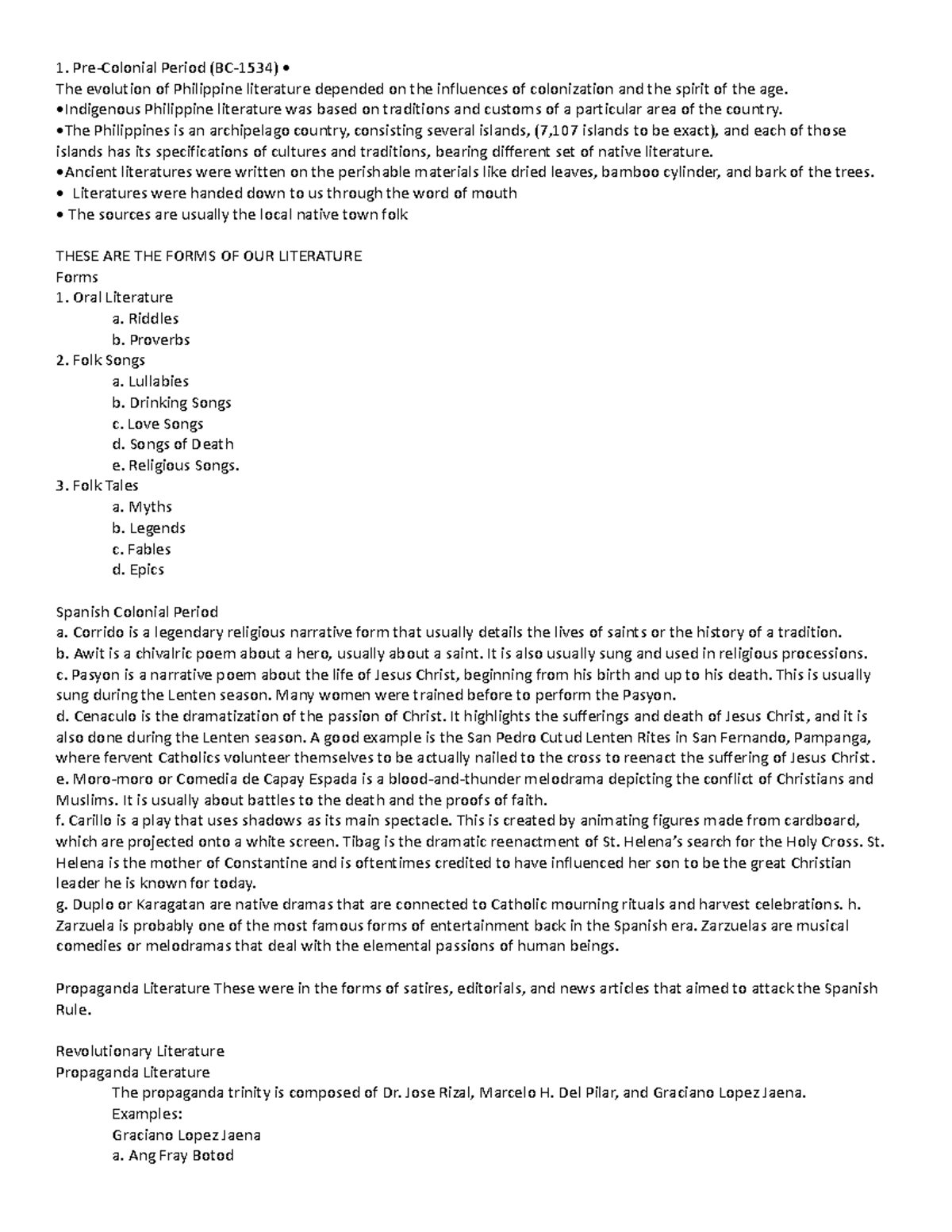 Pre colonial and Spanish colonial Periods Philippine Literature Hand ...