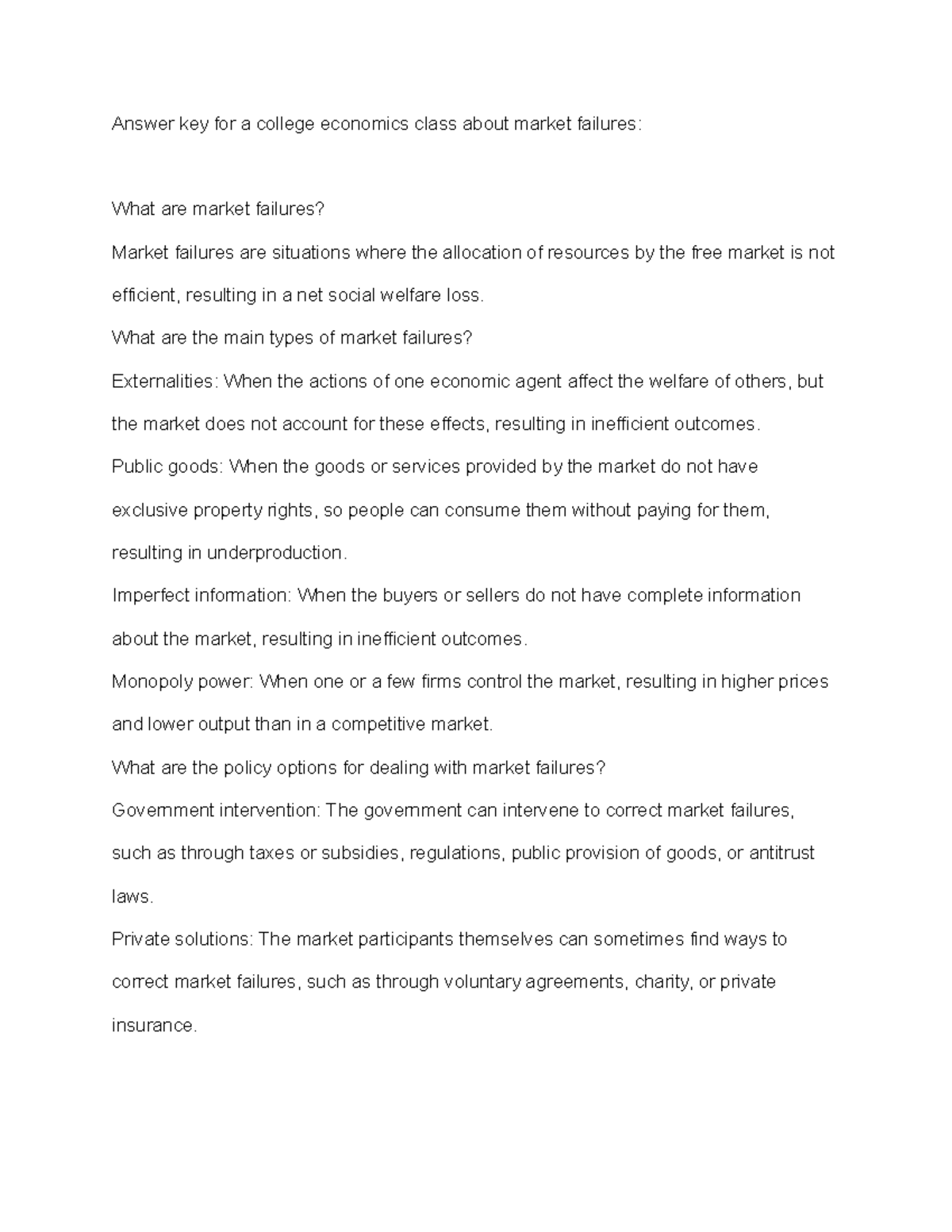 Answer Key College Economics Class - Market Failures - Answer key for a ...