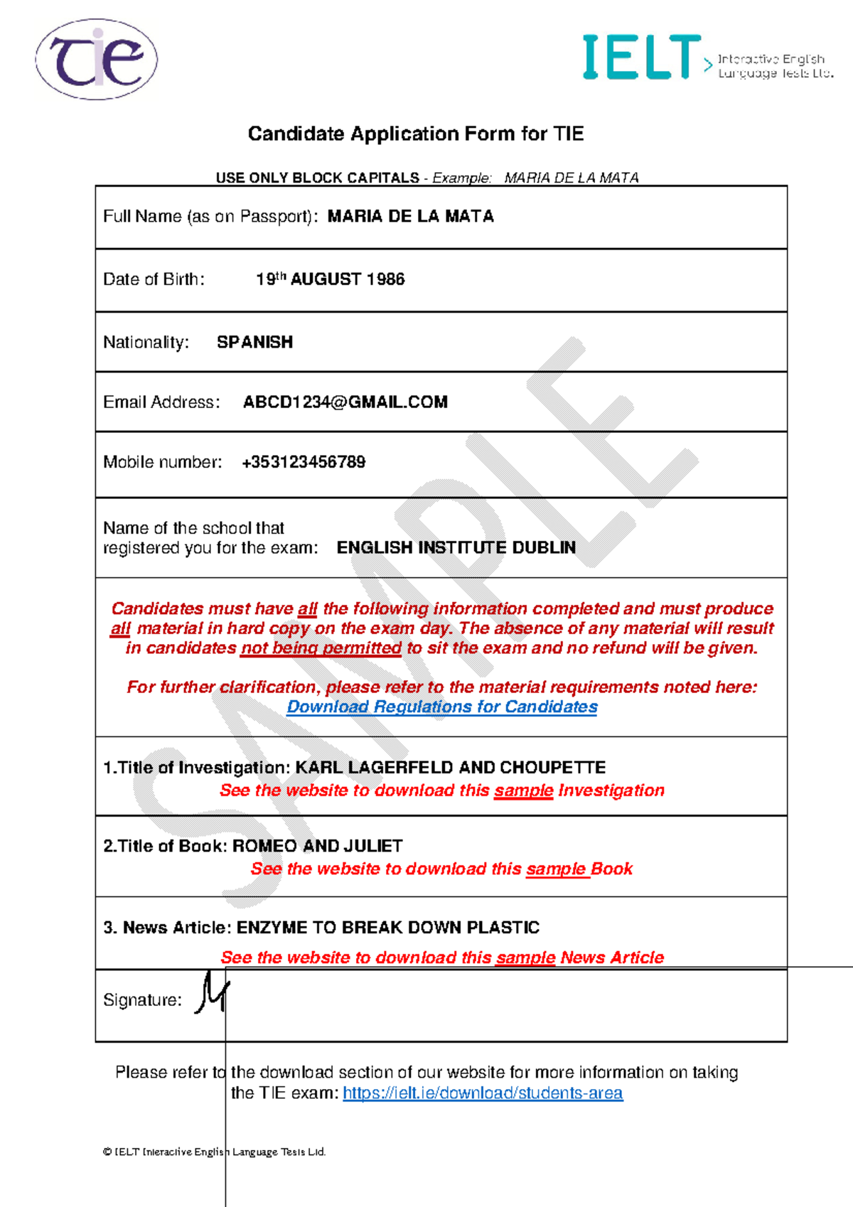 Sample Candidate Application Form 2023 - © IELT Interactive English ...