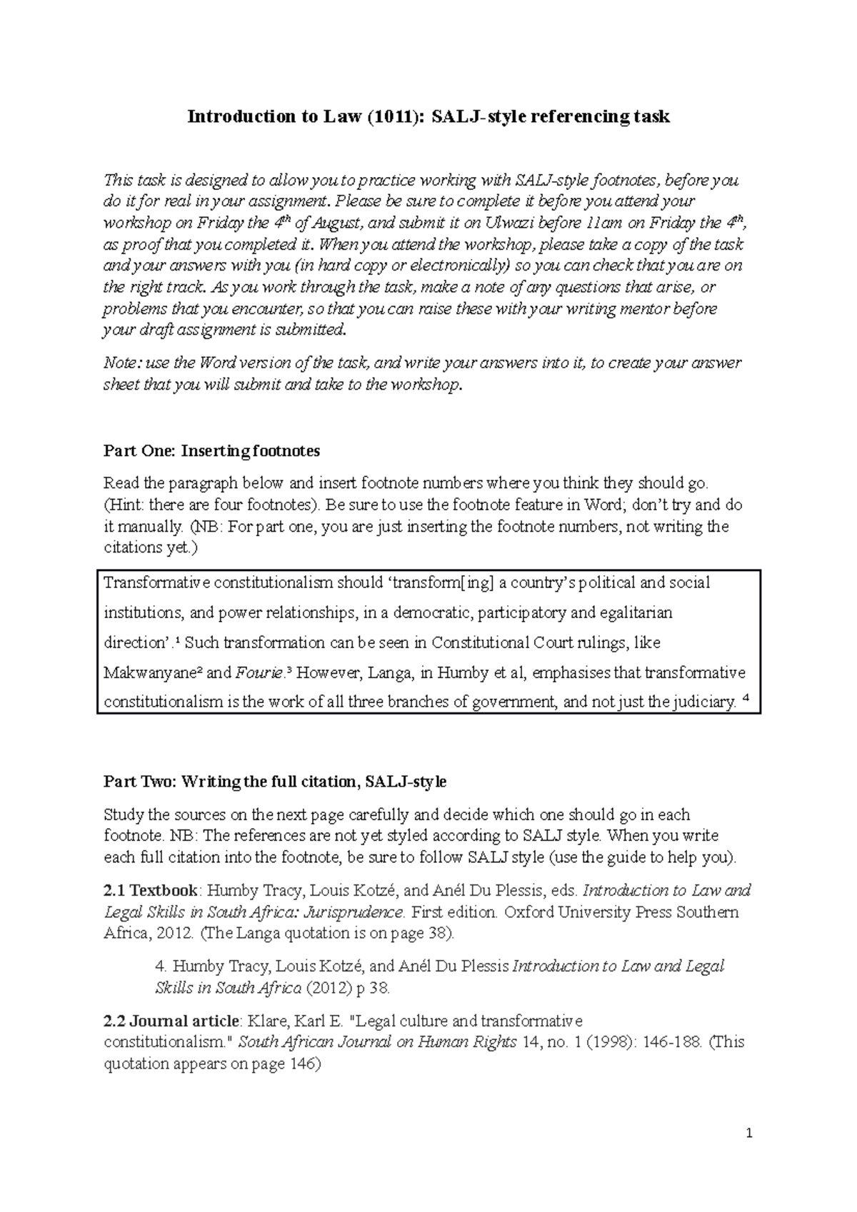 Introduction to Law SALJ Referencing task 2023 - Introduction to Law ...