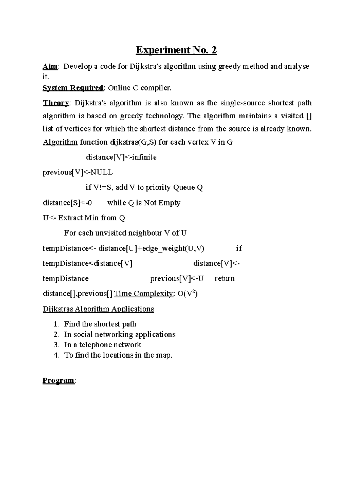 DAA Experiment 2 - no desc - Experiment No. 2 Aim: Develop a code for Dijkstra's algorithm using ...