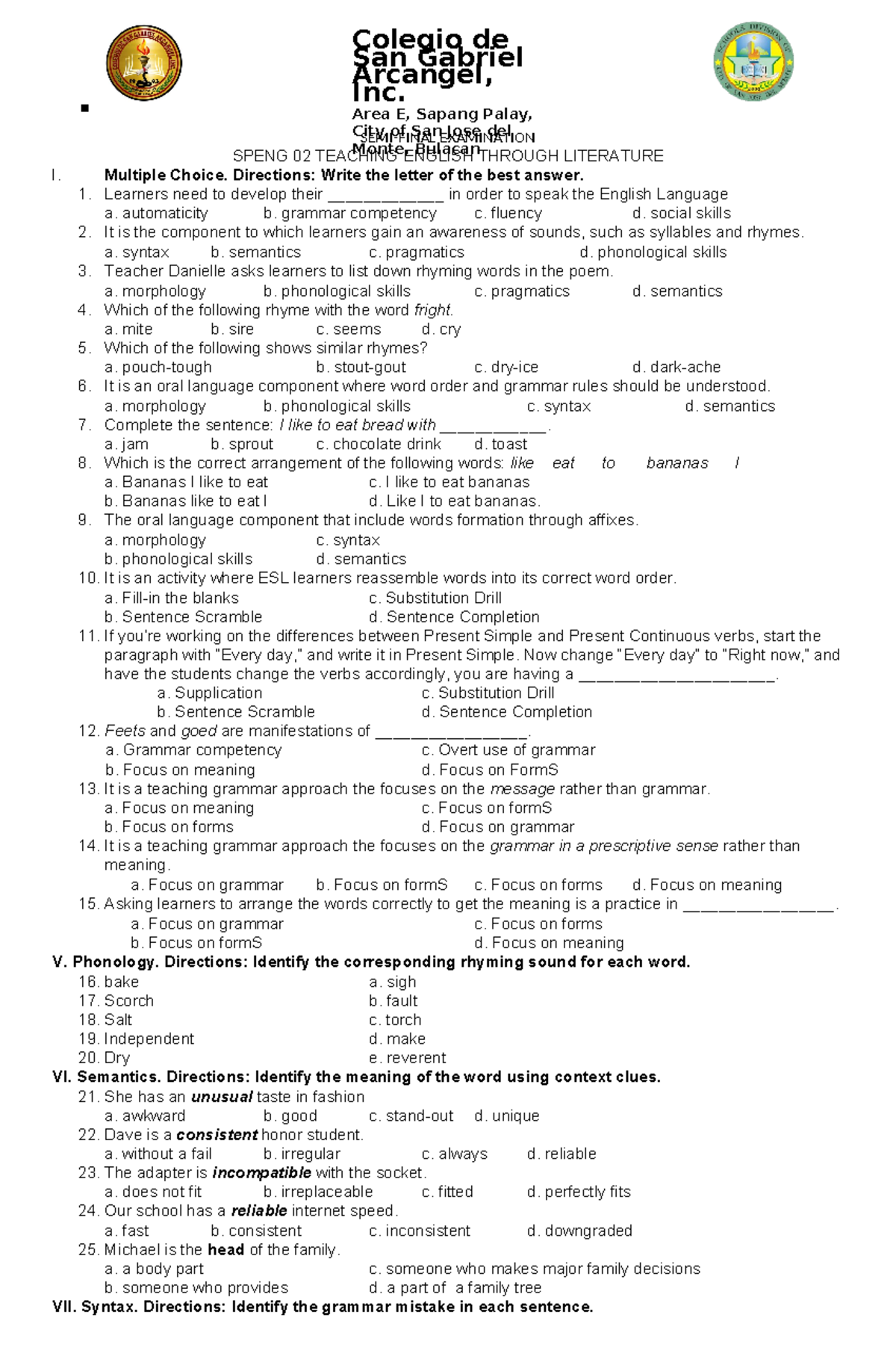 Semis SPENG 02 Teaching English Through LITT - Colegio de San Gabriel ...