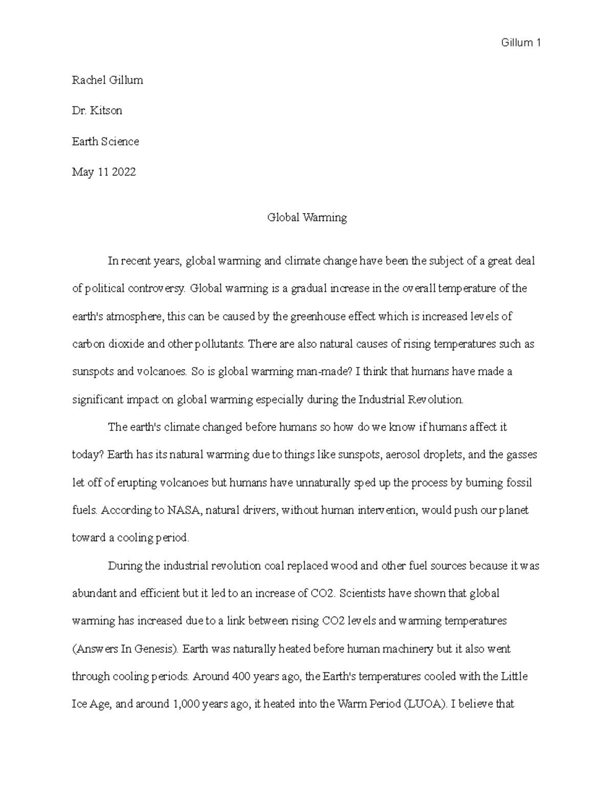 Global Warming Position Paper - Gillum 1 Rachel Gillum Dr. Kitson Earth ...
