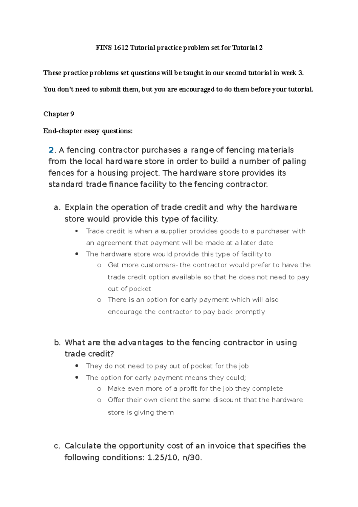 week 2 tutorial homework T2 2020 - FINS 1612 Tutorial practice problem ...