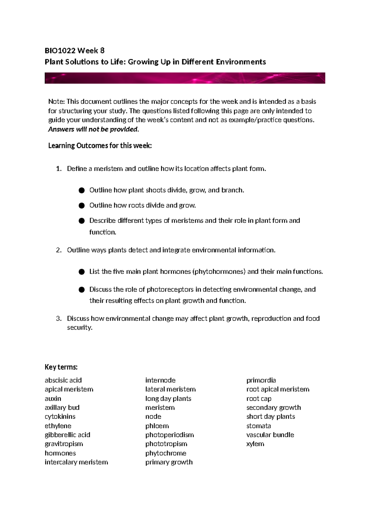 Week 8 Study Guide filled - BIO1022 Week 8 Plant Solutions to Life ...