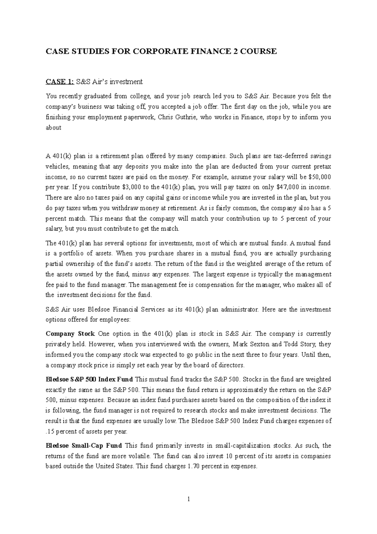 CASE Studies FOR Corporate Finance 2 Course - CASE STUDIES FOR ...