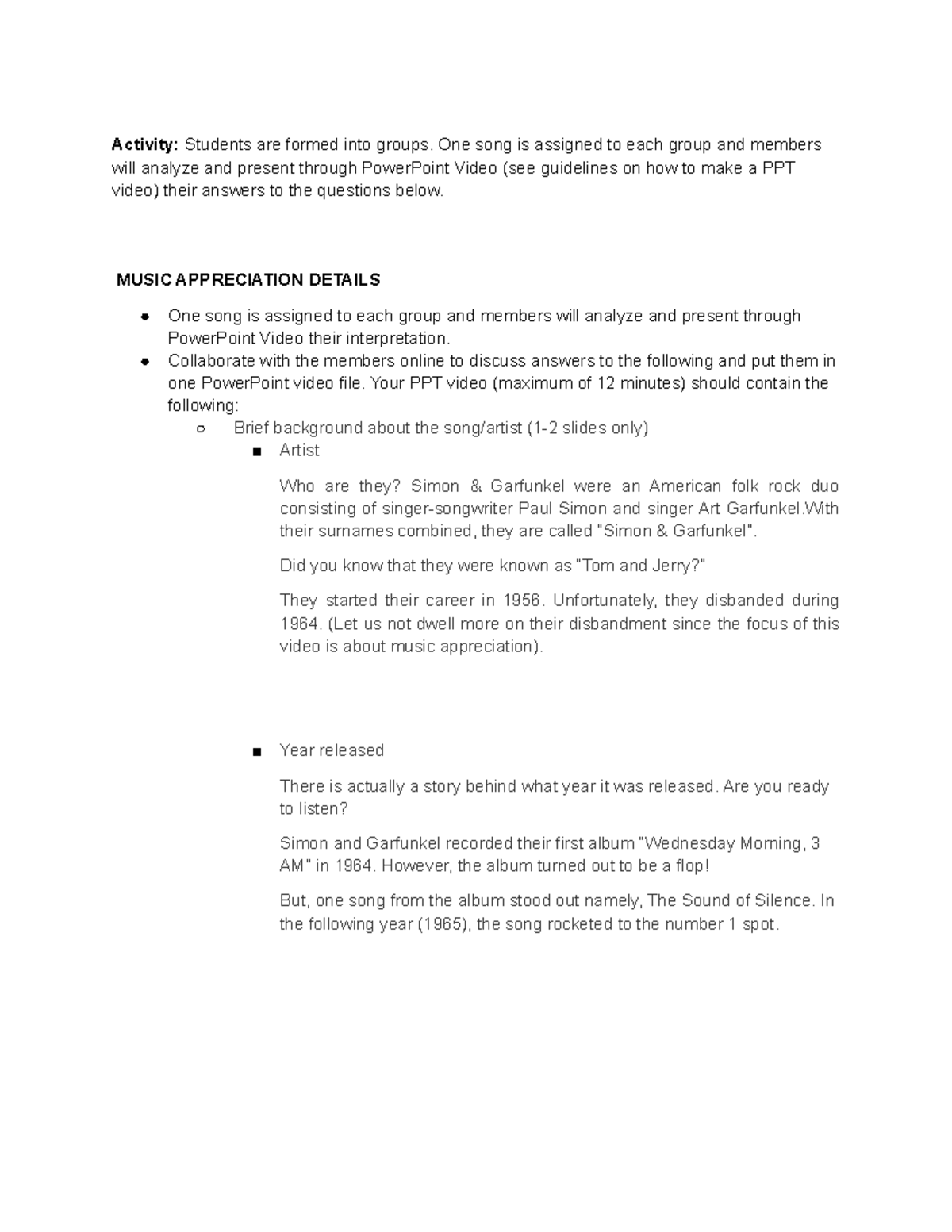 ENGL 7 Music Appreciation GRP TASK - Activity: Students are formed into ...