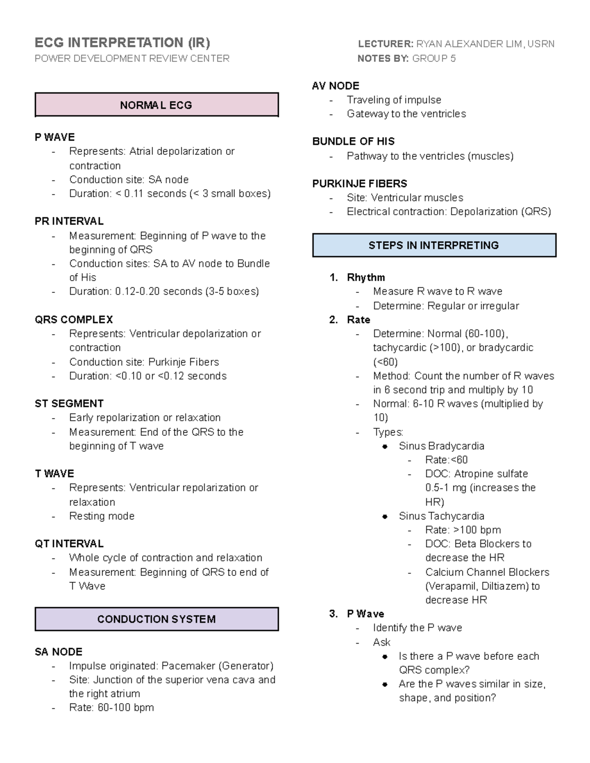 ECG- Interp - notes about ecg - ECG INTERPRETATION (IR) LECTURER: RYAN ...