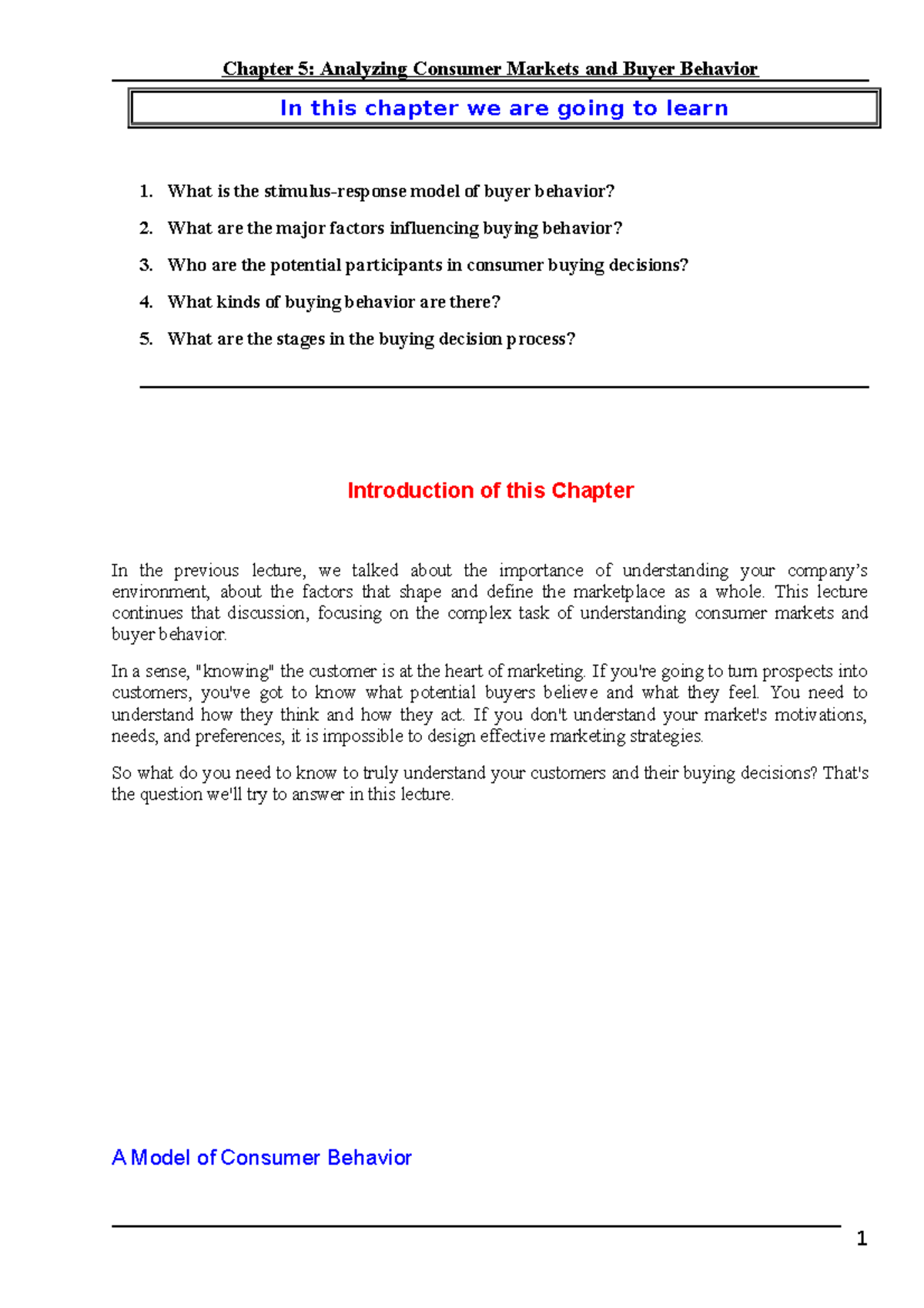 Chapter NO 5 Lecture Note For Fundamentals Of Marketing Course In chapter-no-5-lecture-note-for-fundamentals-of-marketing-course-in