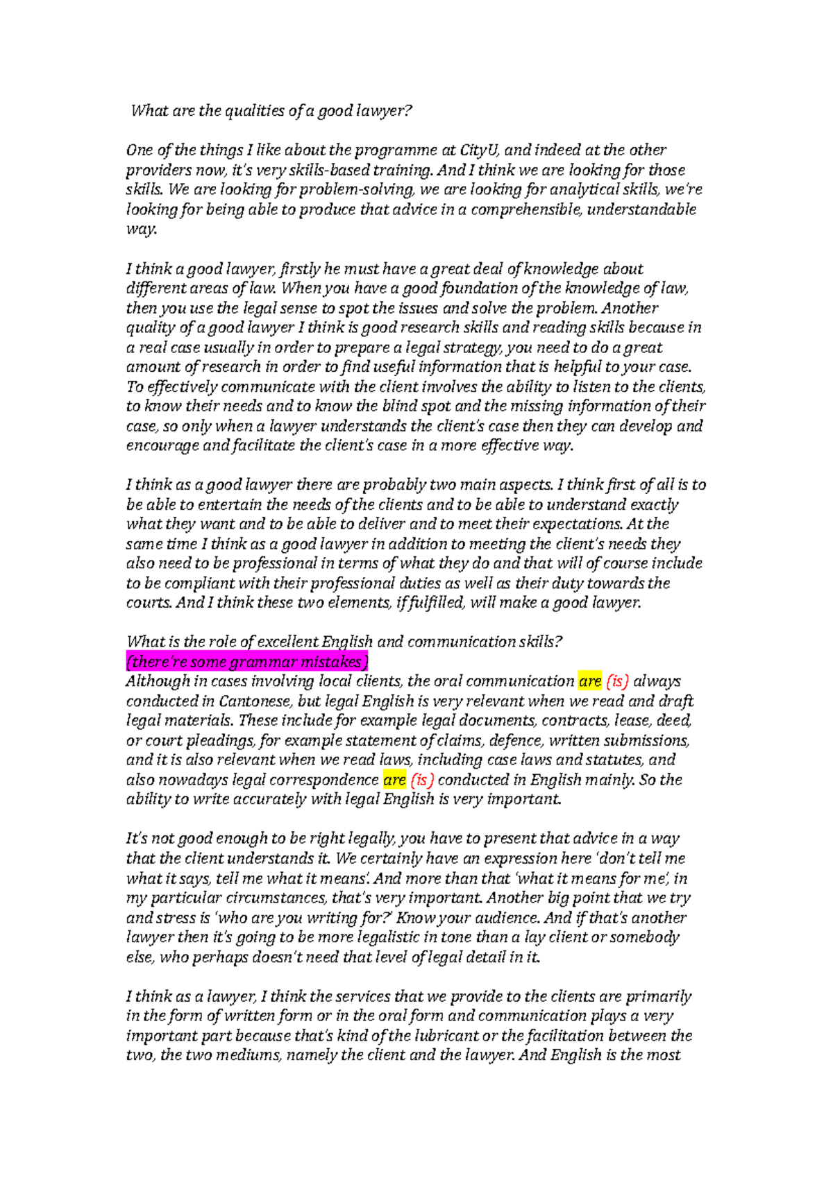 Script What are the qualities of a good lawyer-1 - What are the ...