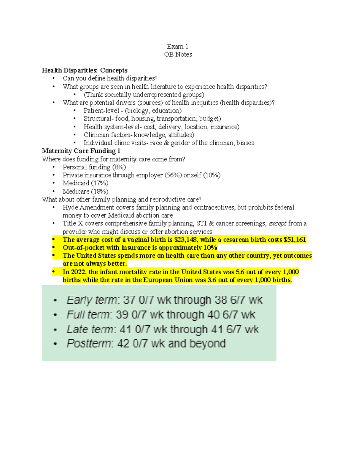 Exam 1 OB Re Notes - Exam 1 OB Notes Health Disparities: Concepts Can ...